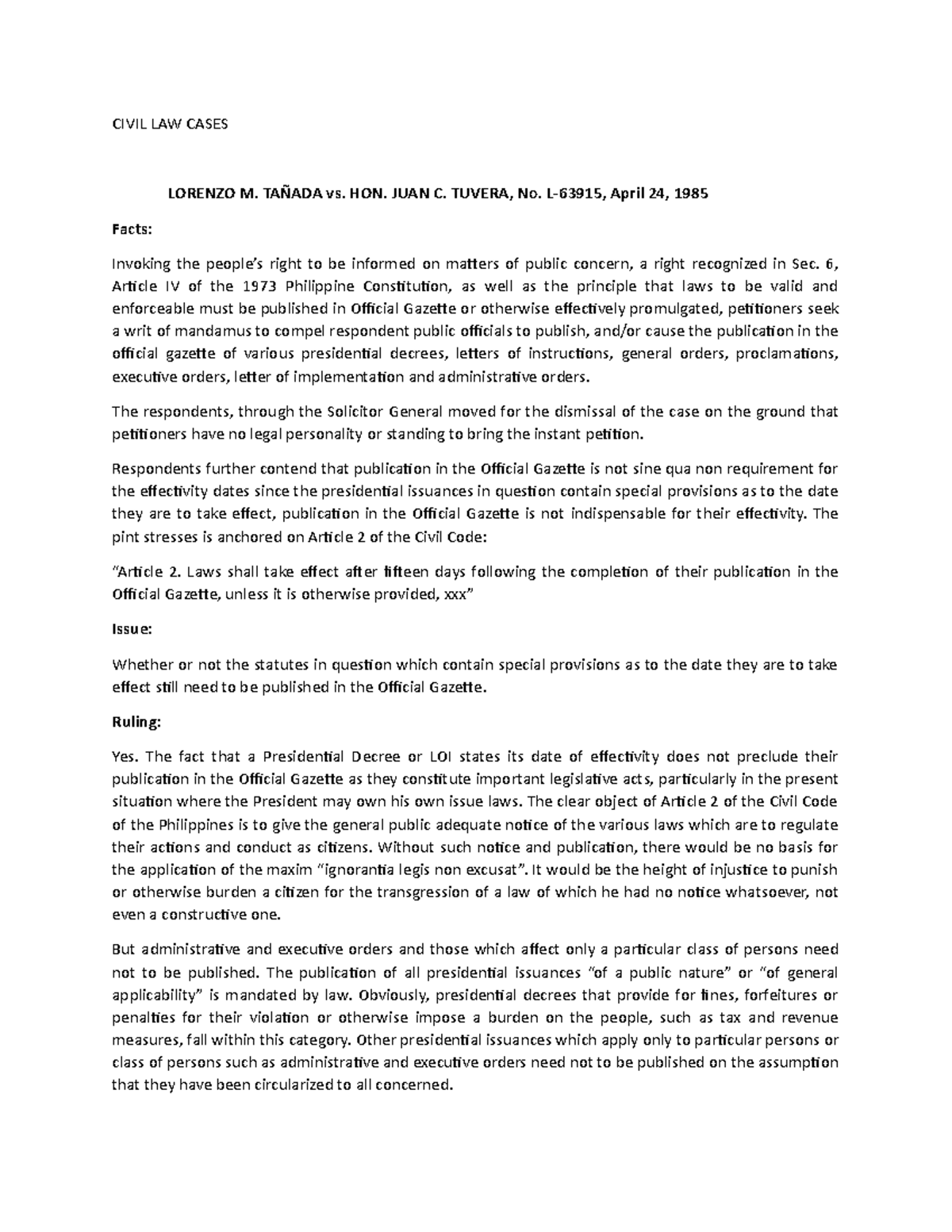 Civil Law Case Digest - CIVIL LAW CASES LORENZO M. TAÑADA vs. HON. JUAN ...