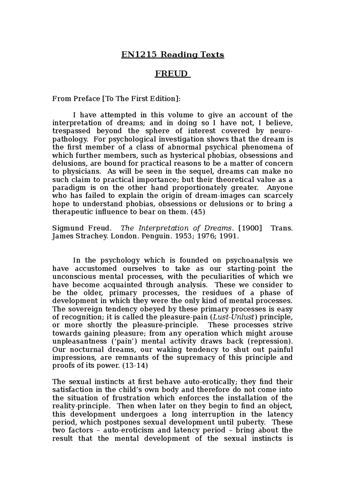 Freud Handout ii - EN1215 Reading Texts FREUD From Preface [To The ...