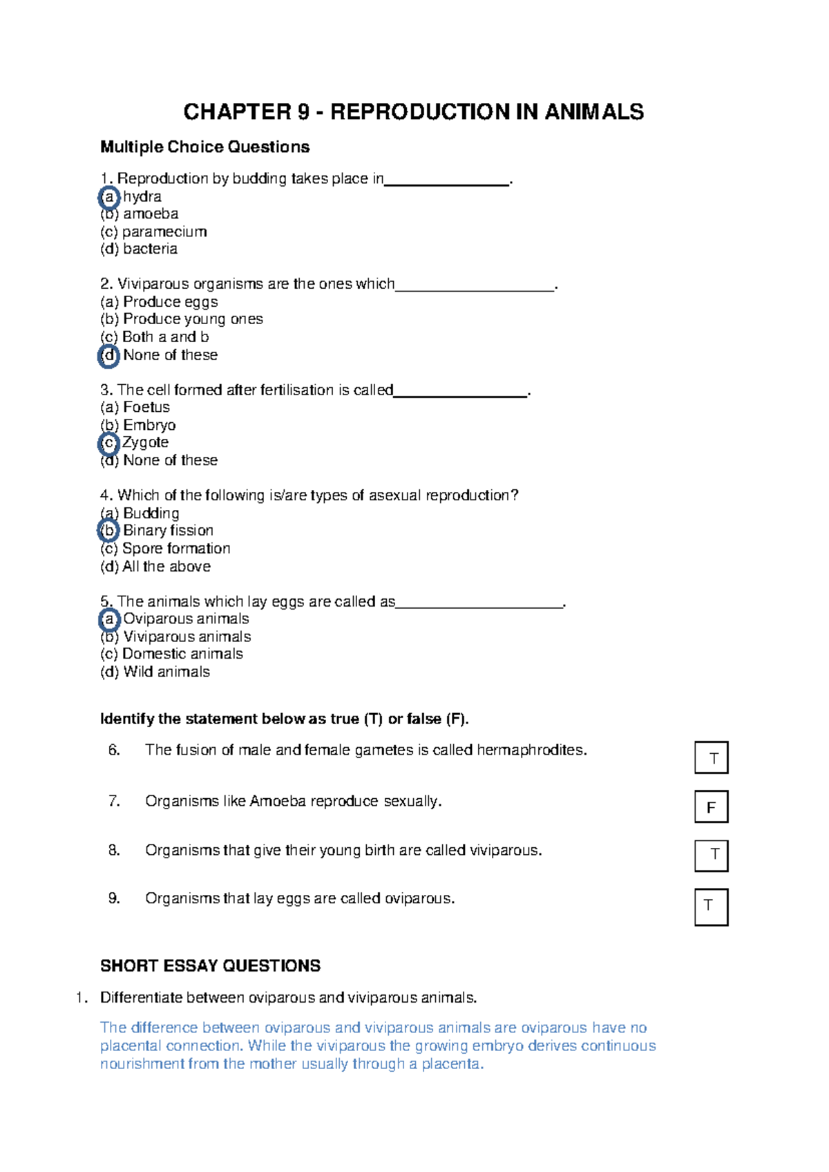 BIO270 tutorial - CHAPTER 9 - REPRODUCTION IN ANIMALS Multiple Choice ...