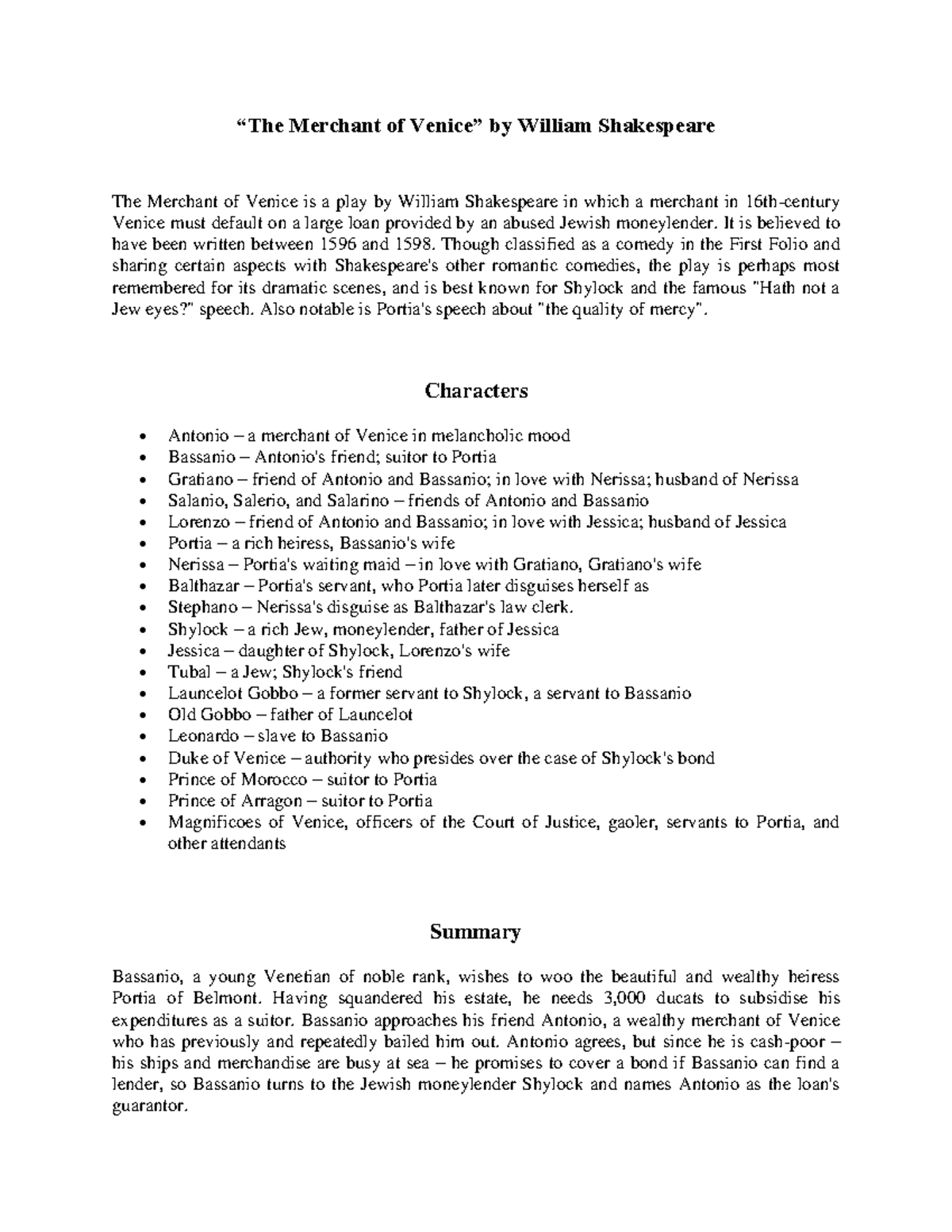 The Merchant of Venice - Notes - “The Merchant of Venice” by William ...