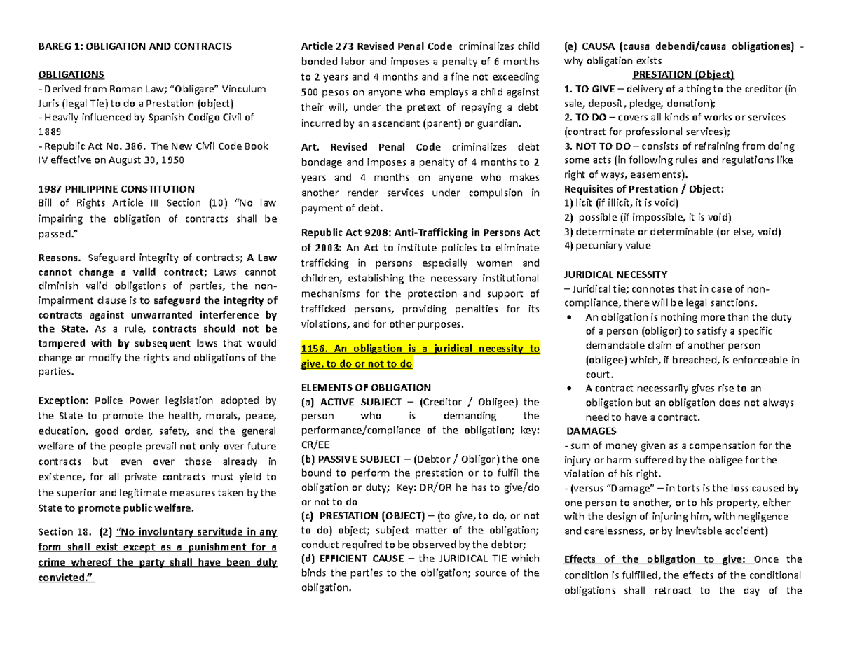 ObliCon Review Notes - BAREG 1: OBLIGATION AND CONTRACTS OBLIGATIONS ...