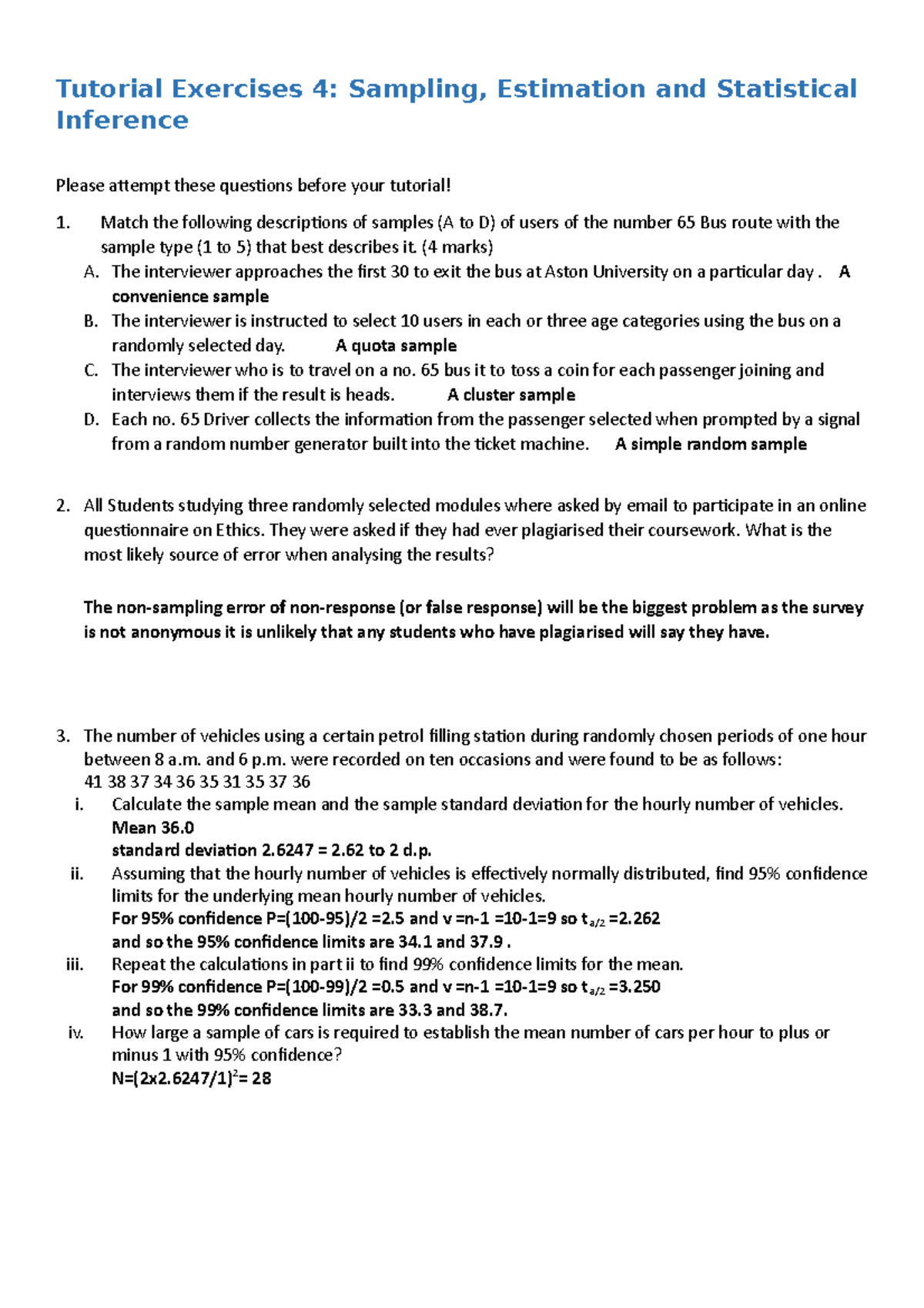 Tutorial Exercises 4 solutions - Tutorial Exercises 4: Sampling ...