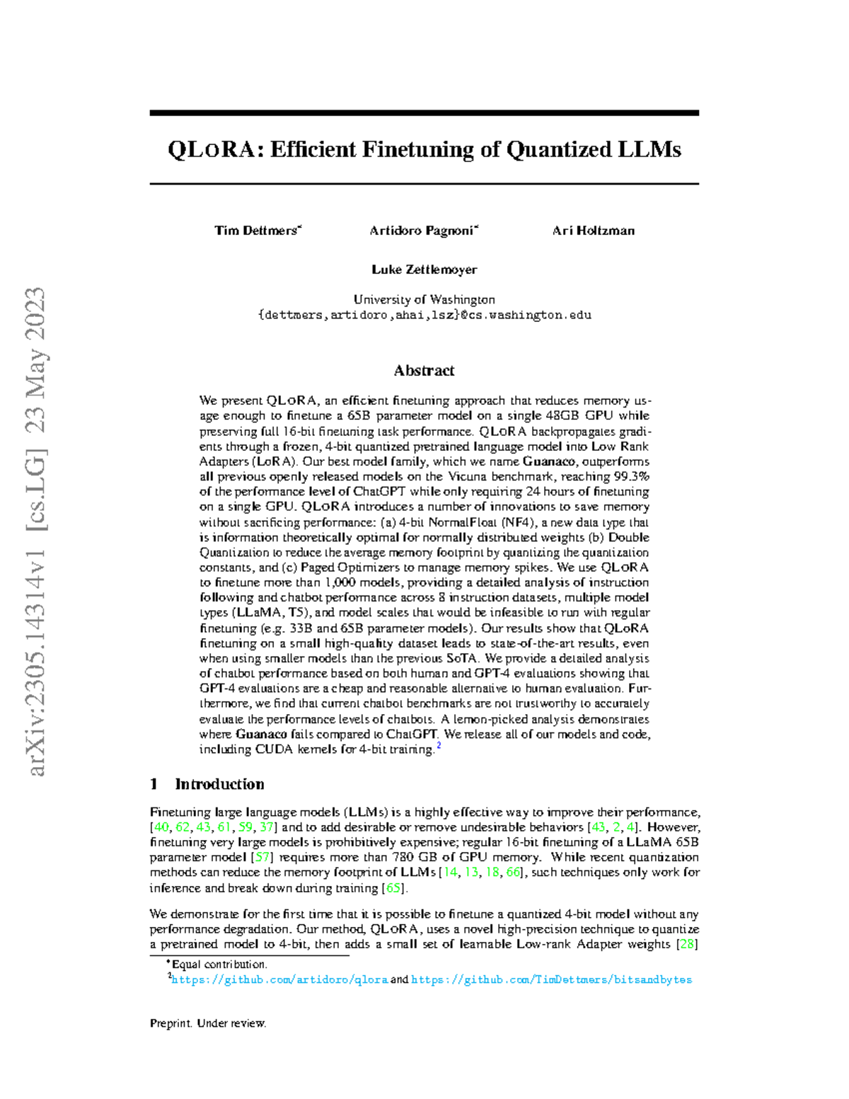Qlora - Research paper - QLORA: Efficient Finetuning of Quantized LLMs ...