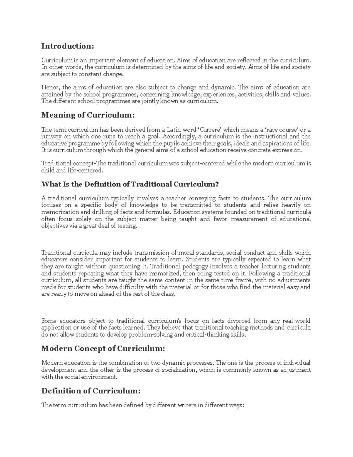 Wk 2 tradtional and modern curriculum - Introduction: Curriculum is an ...