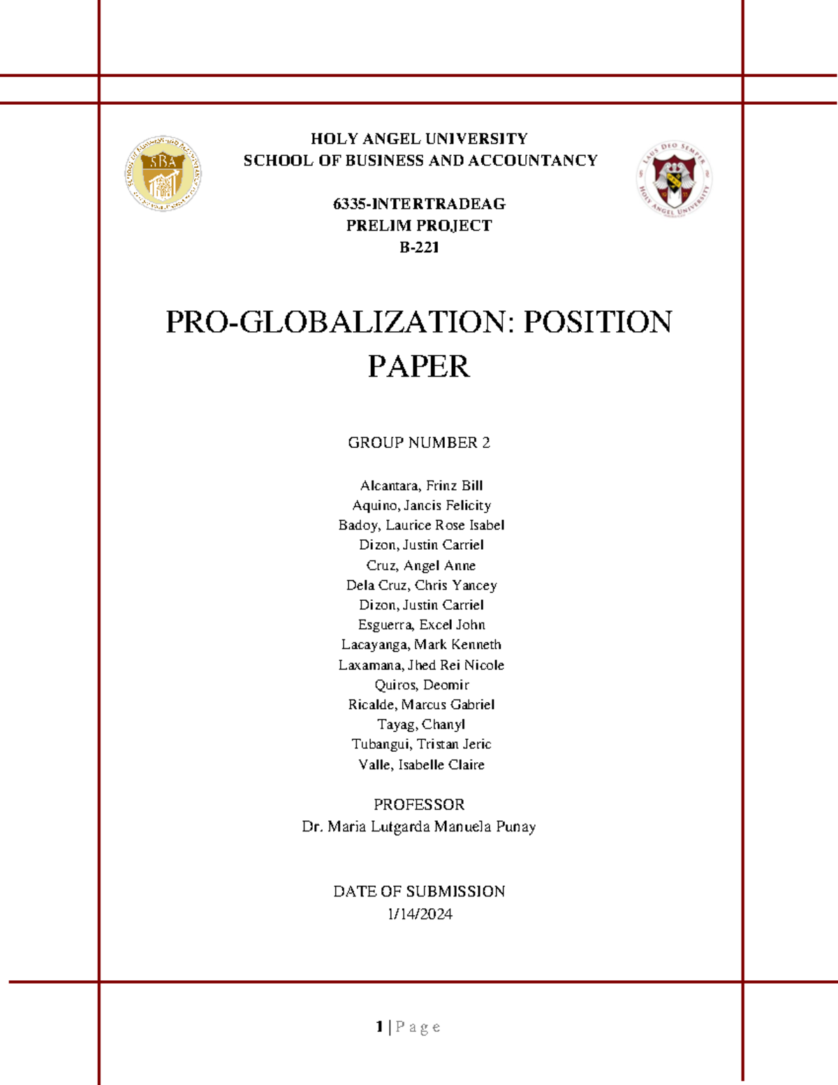 B221 Debate Position Paper Group 2 PRO Globalization - HOLY ANGEL ...