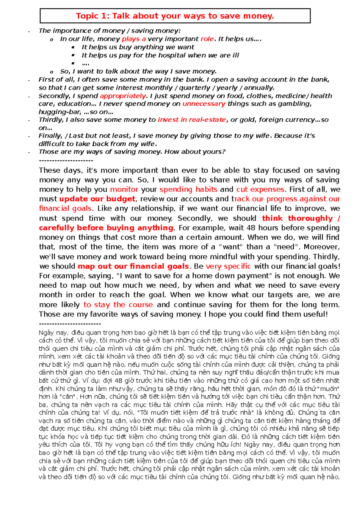 Speaking Topics (Listening - Speaking 3) - The importance of money ...