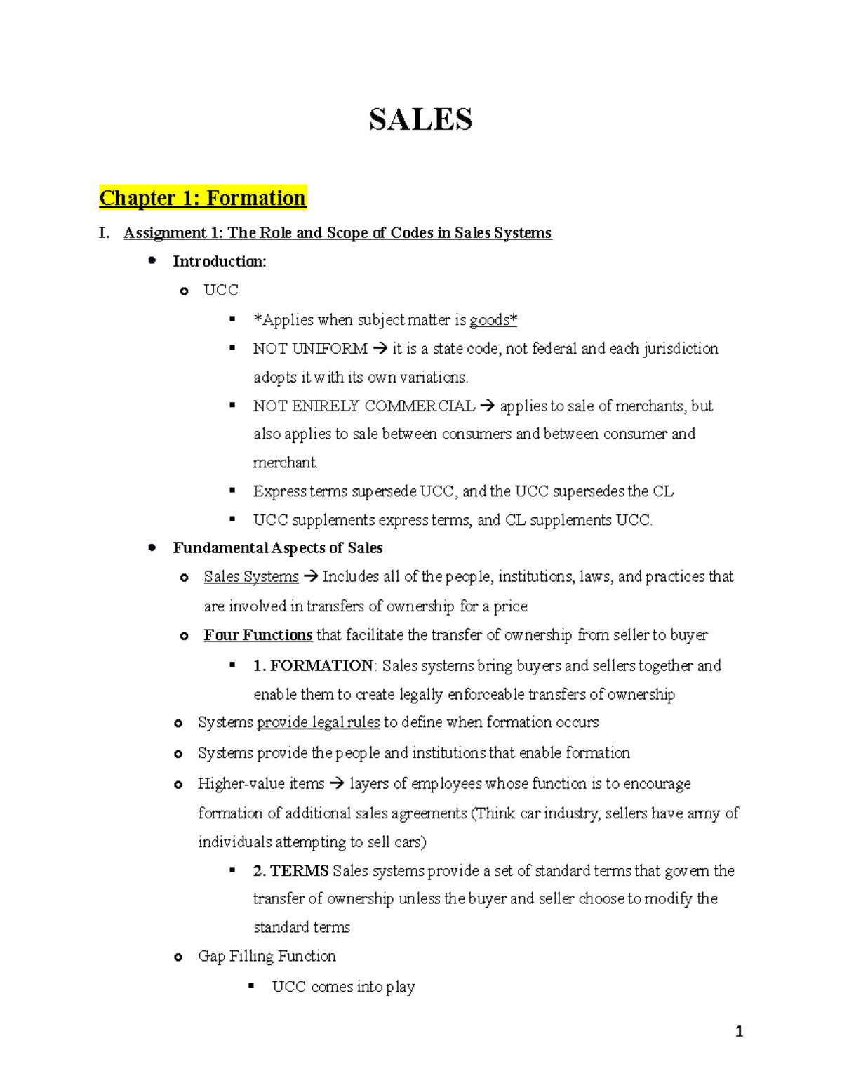 Sales Outline - Norberg - SALES Chapter 1: Formation I. Assignment 1 ...