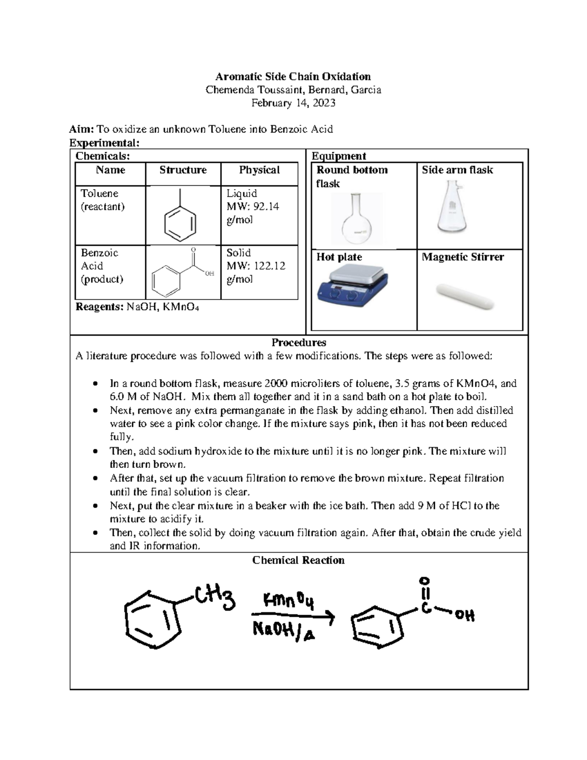 Side Chain Oxidation - Organic Chemistry lab report - Aromatic Side ...