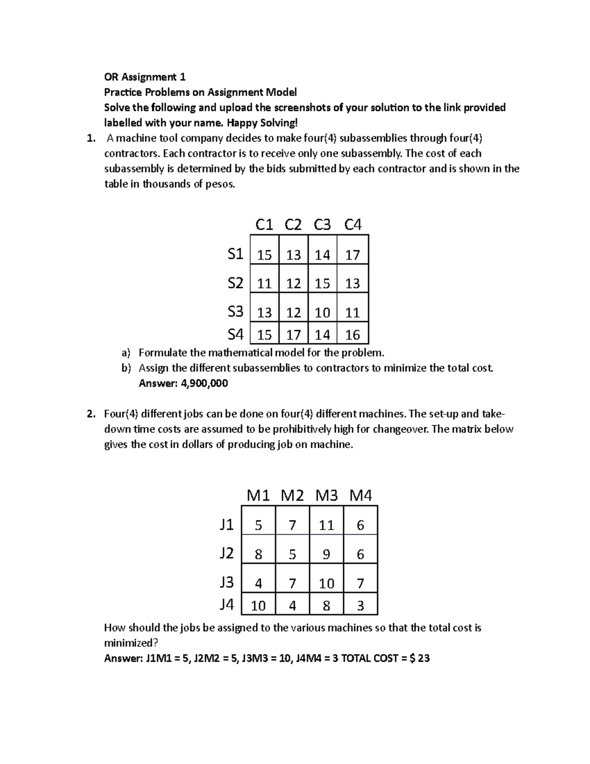 OR 2 (Assignment Model) Written Work #1 - OR Assignment 1 Practice ...