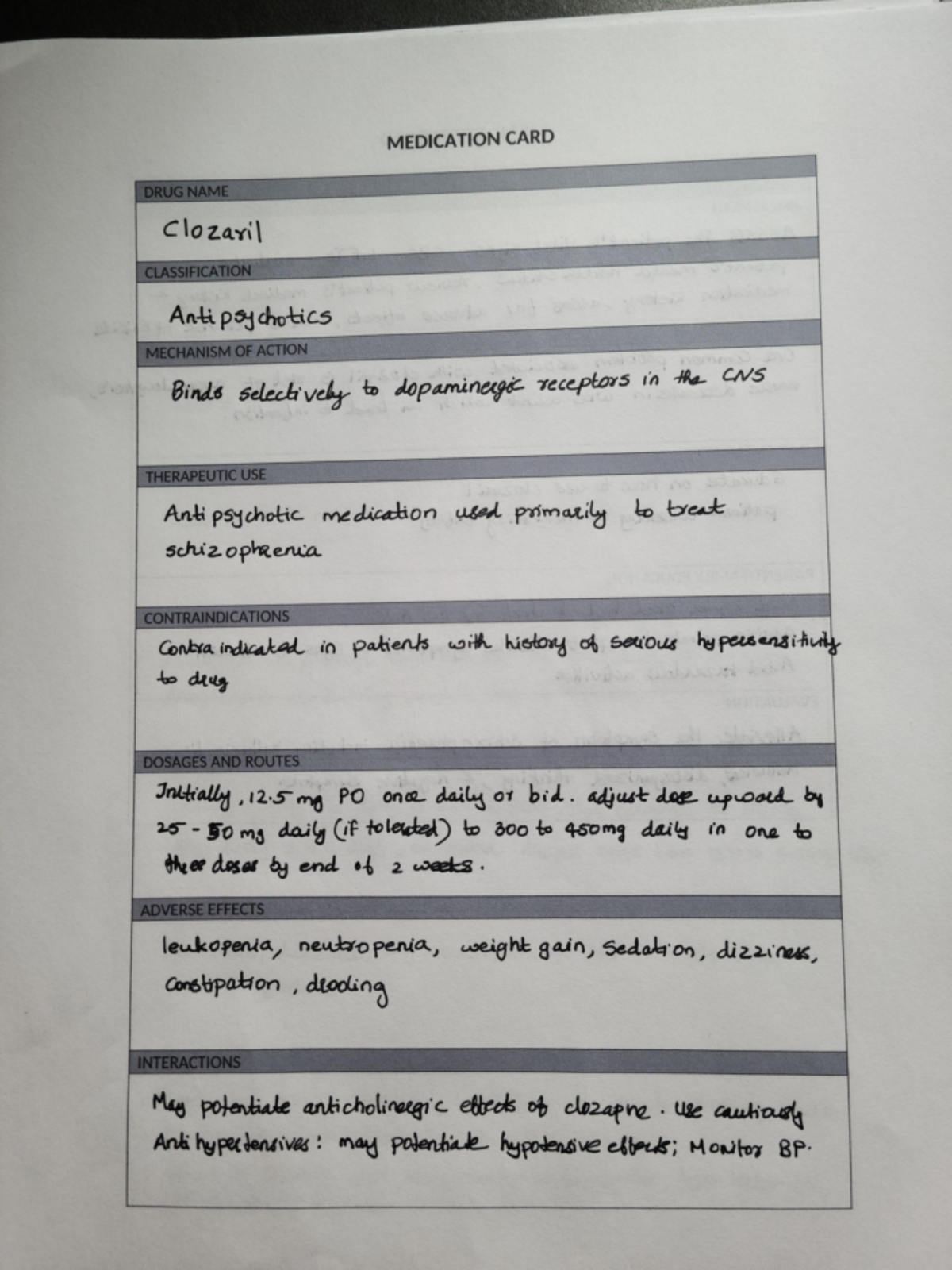 Med card week 1 - medication description - DRUG NAME Clozaril ...