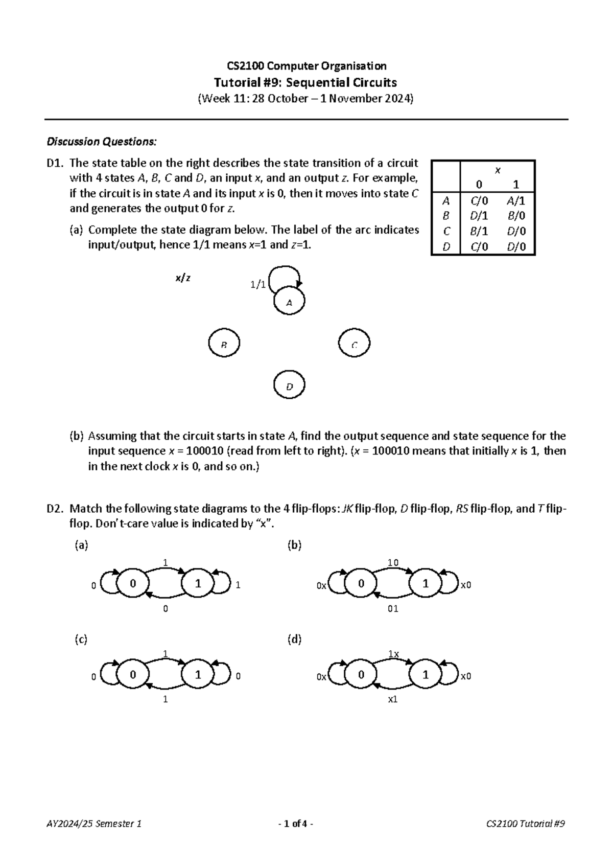 Tut09qns - tut9 - CS2100 Computer Organisation Tutorial # 9 : Sequential Circuits (Week 11: 28 ...