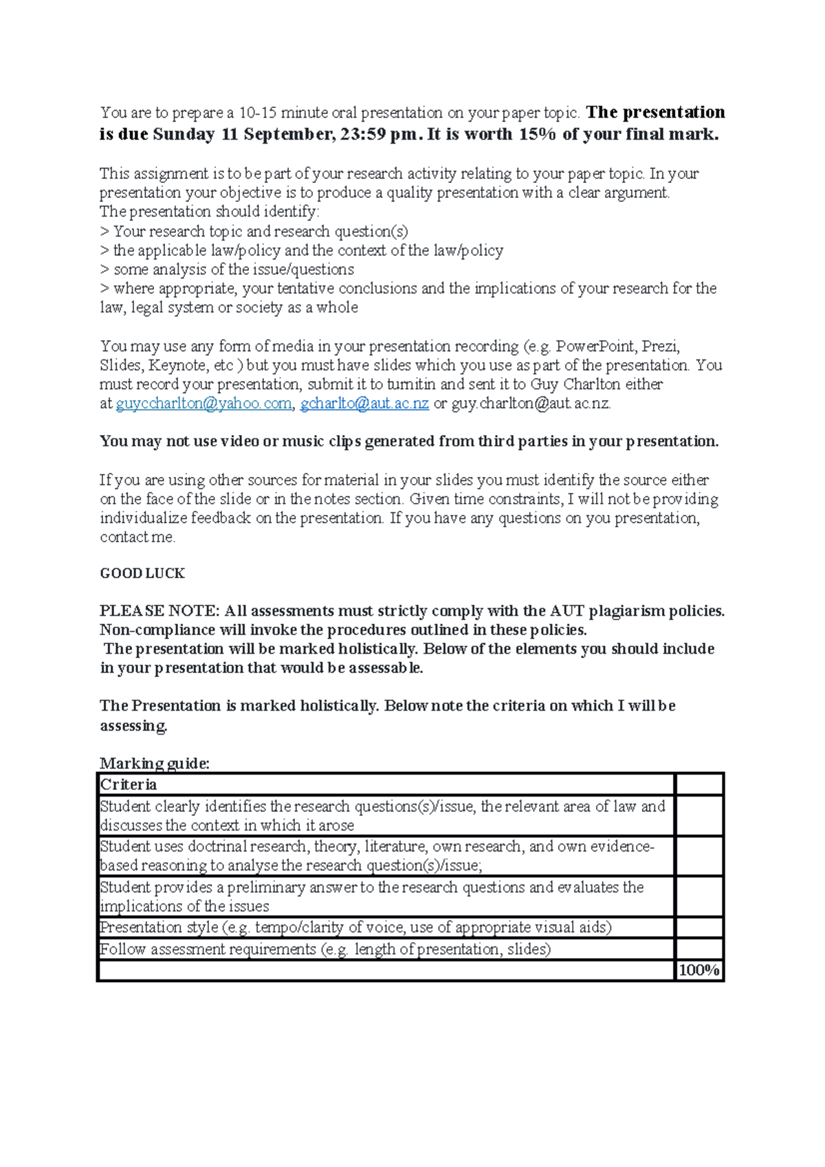 Presentation Criteria - You are to prepare a 10-15 minute oral ...