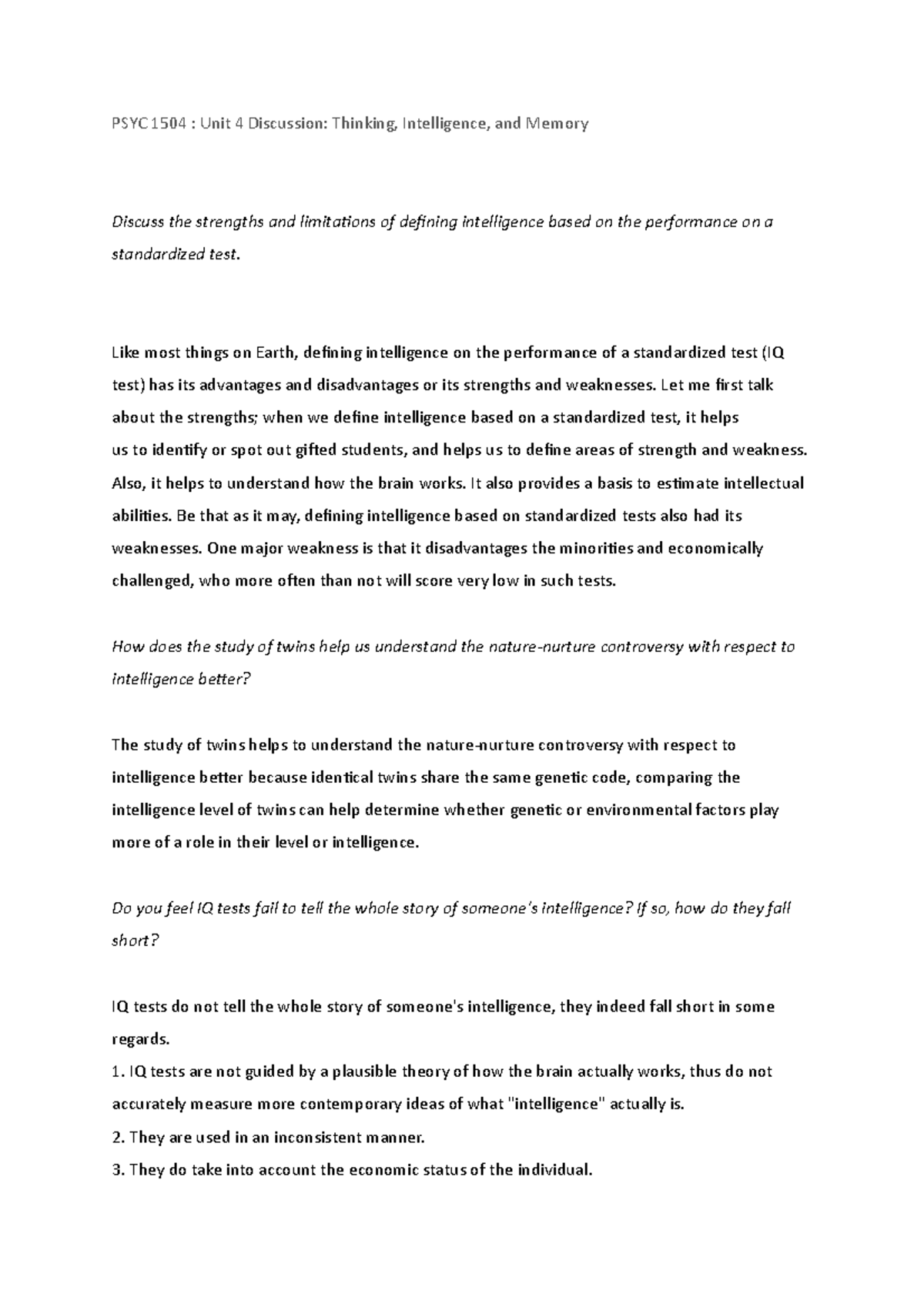 PSYC 1504 UNIT 4 DF Assignment Number 7 - PSYC 1504 : Unit 4 Discussion: Thinking, Intelligence ...
