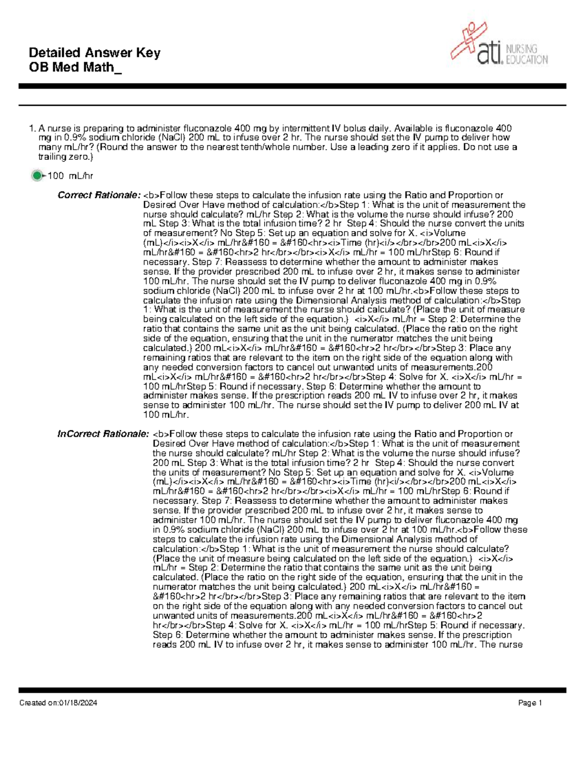Detailed Answer Key (14) - OB Med Math_ A nurse is preparing to ...