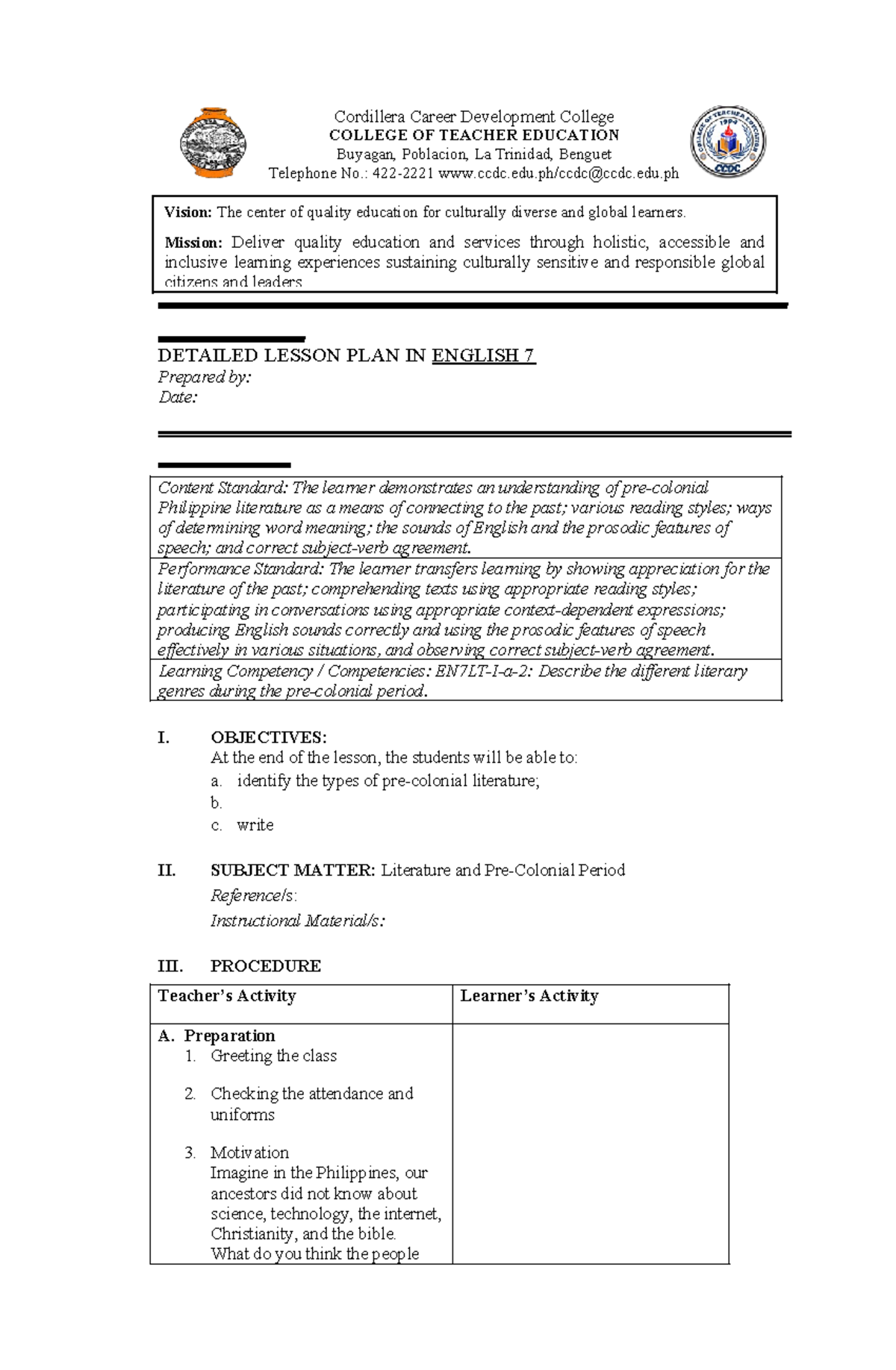 Final Observed Lesson Plan - Cordillera Career Development College ...