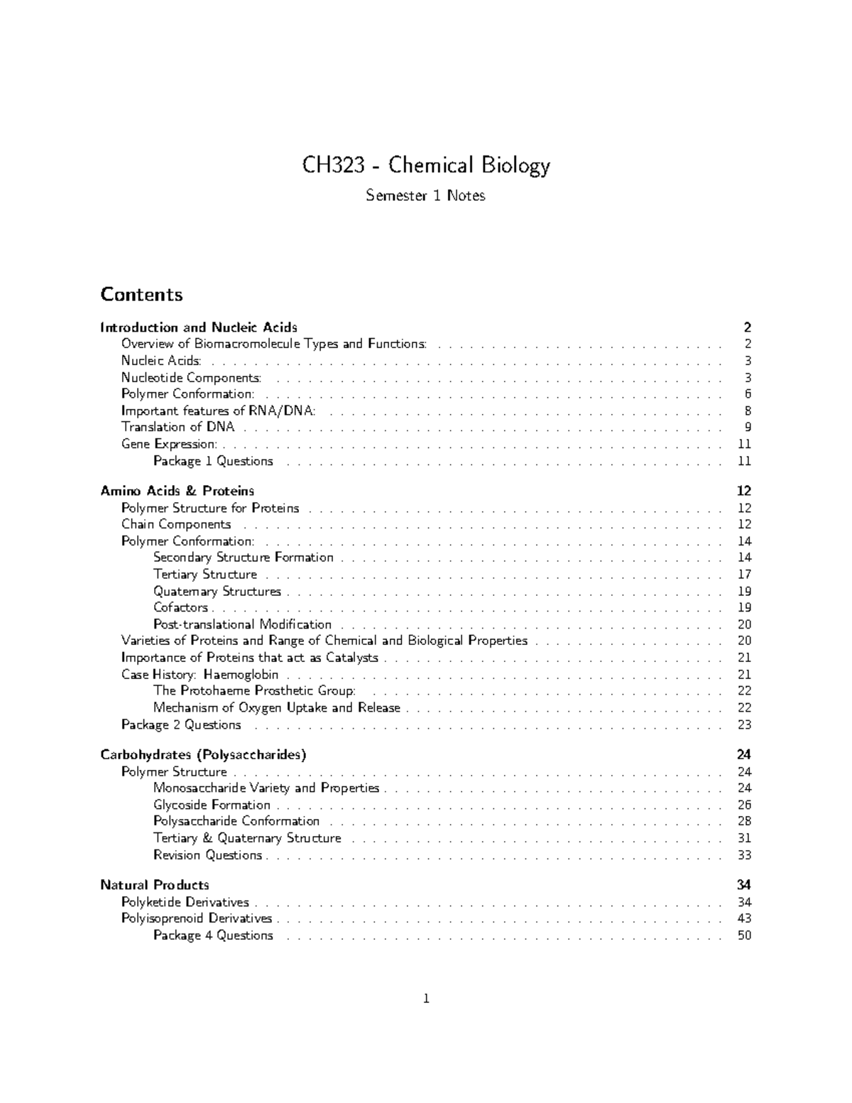 Chemical Biology Notes - CH323 - Chemical Biology Semester 1 Notes ...