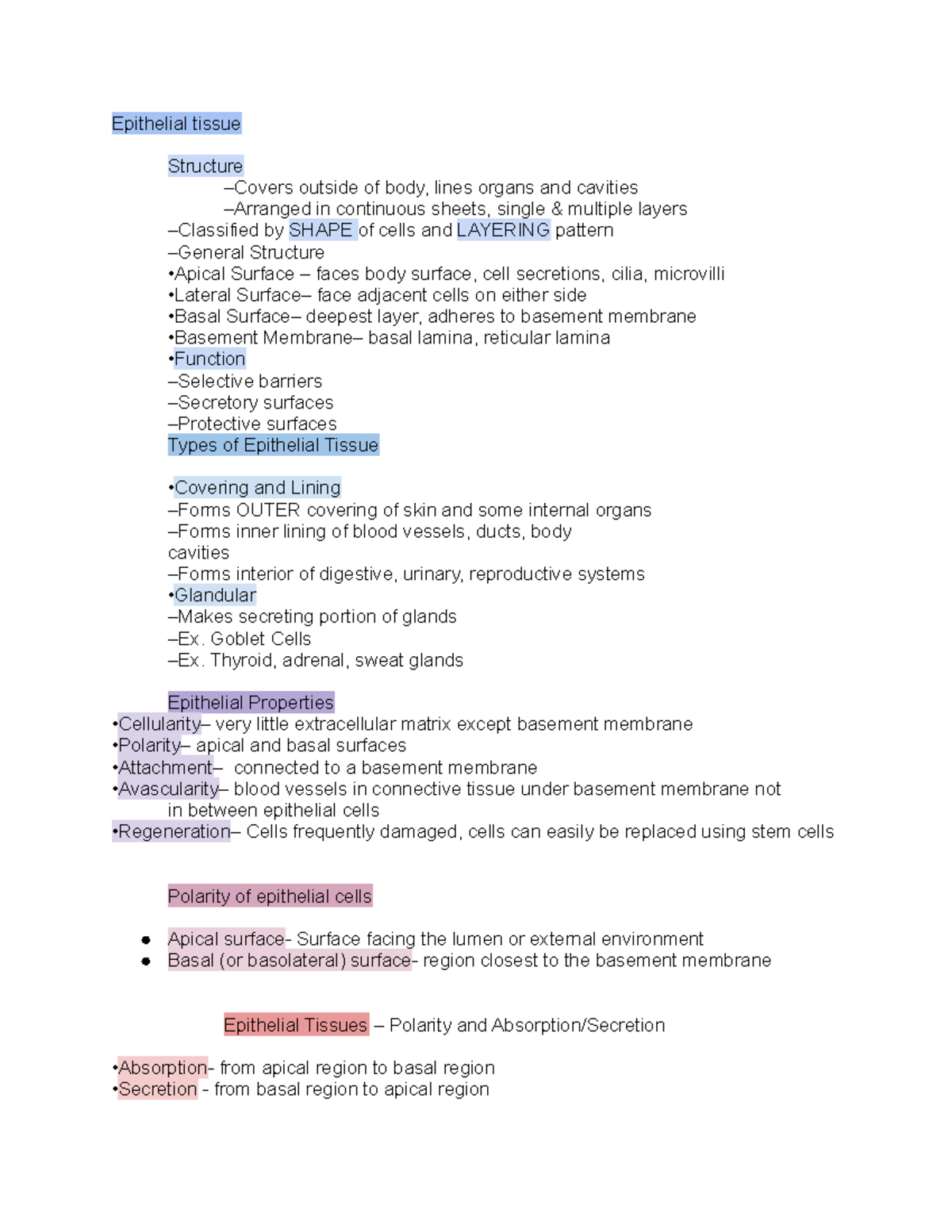 Tissues - Epithelial tissue Structure –Covers outside of body, lines ...