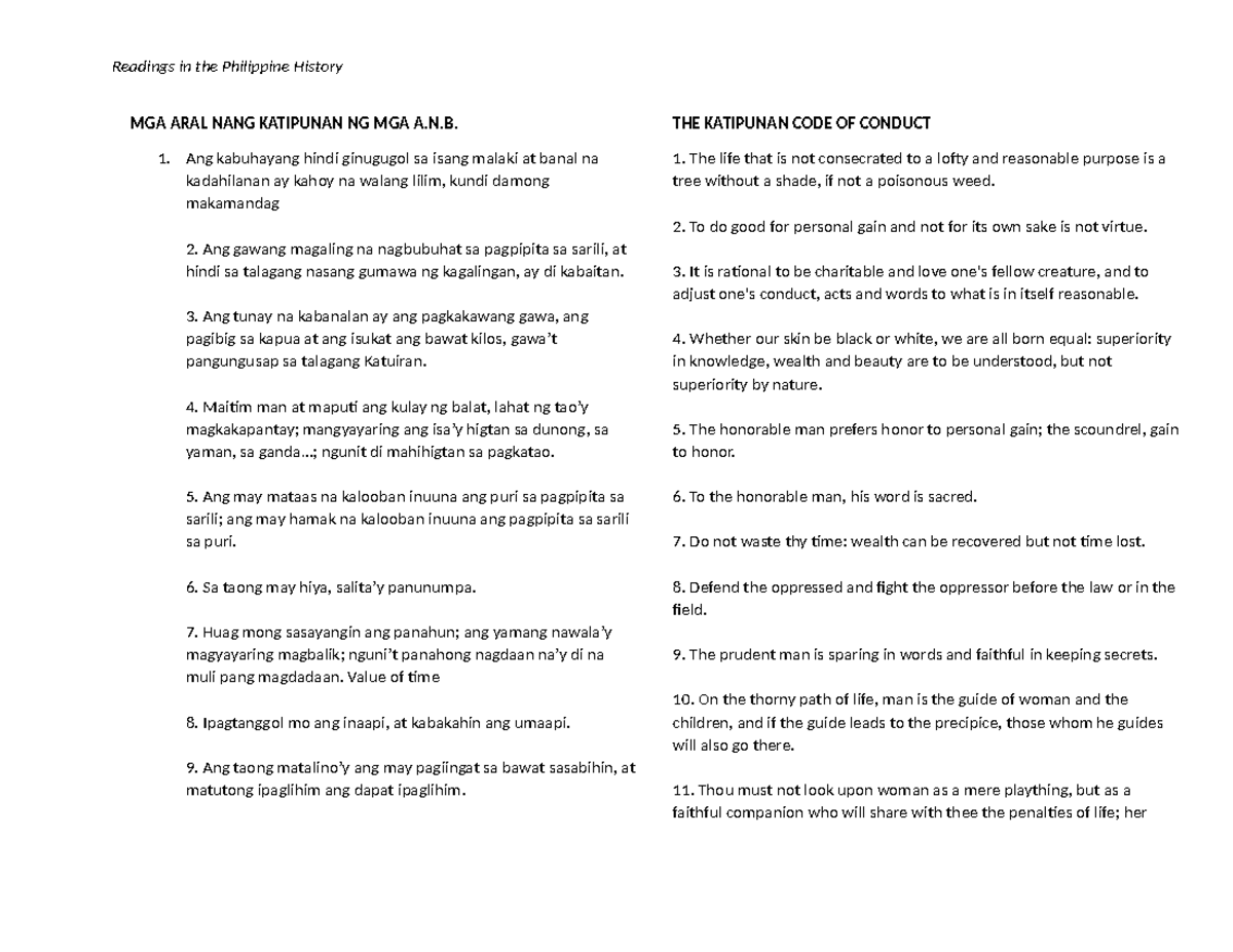 Kartilya ng Katipunan by Emilio Jacinto - Readings in the Philippine ...