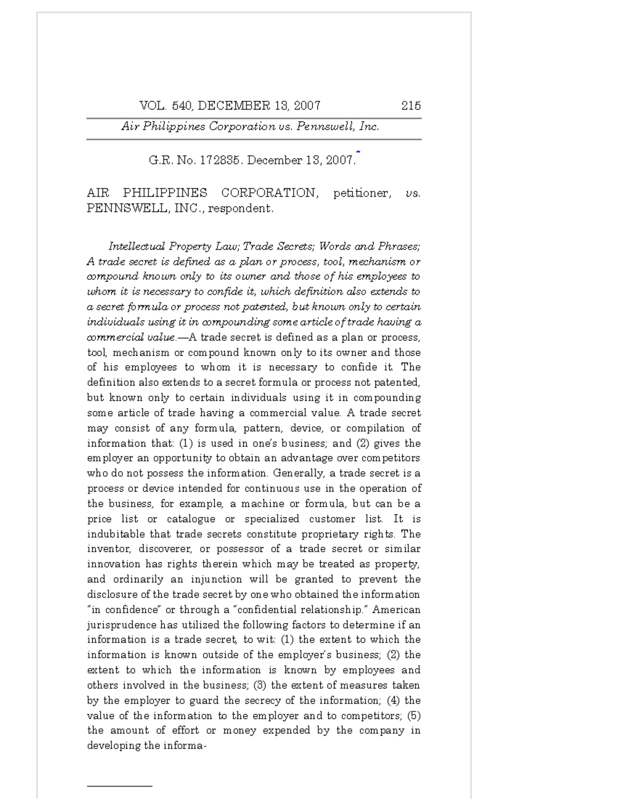 Air Philippines Corporation vs. Pennswell, Inc., 540 SCRA 215, December ...