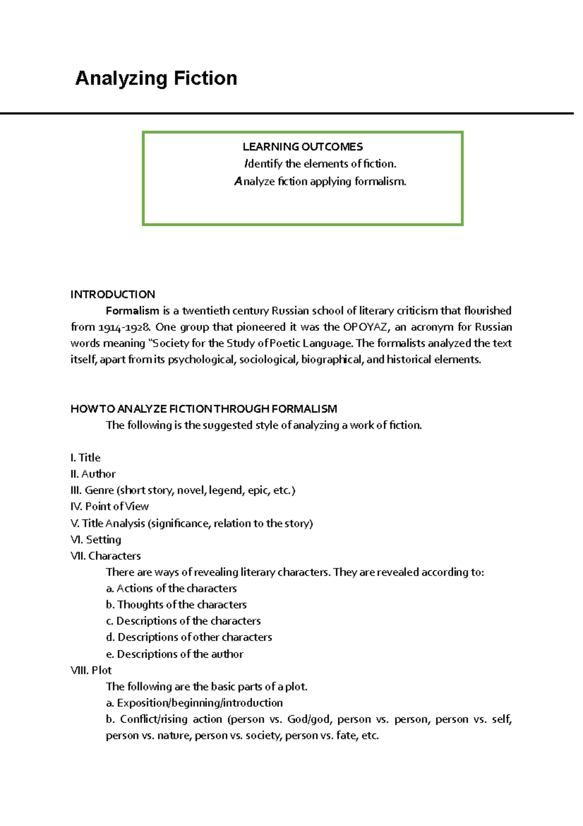 Analyzing- Fiction - Analyzing Fiction INTRODUCTION Formalism is a ...