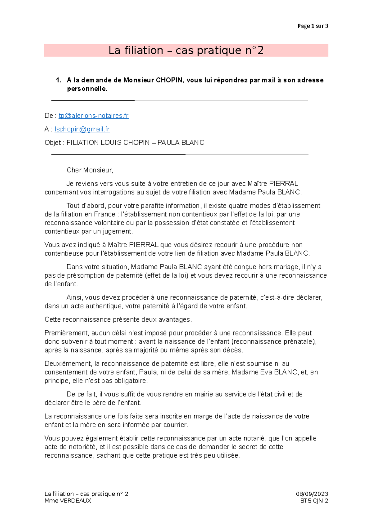 La filiation - cas pratique n° 2 - Page 1 sur 3 La filiation – cas ...