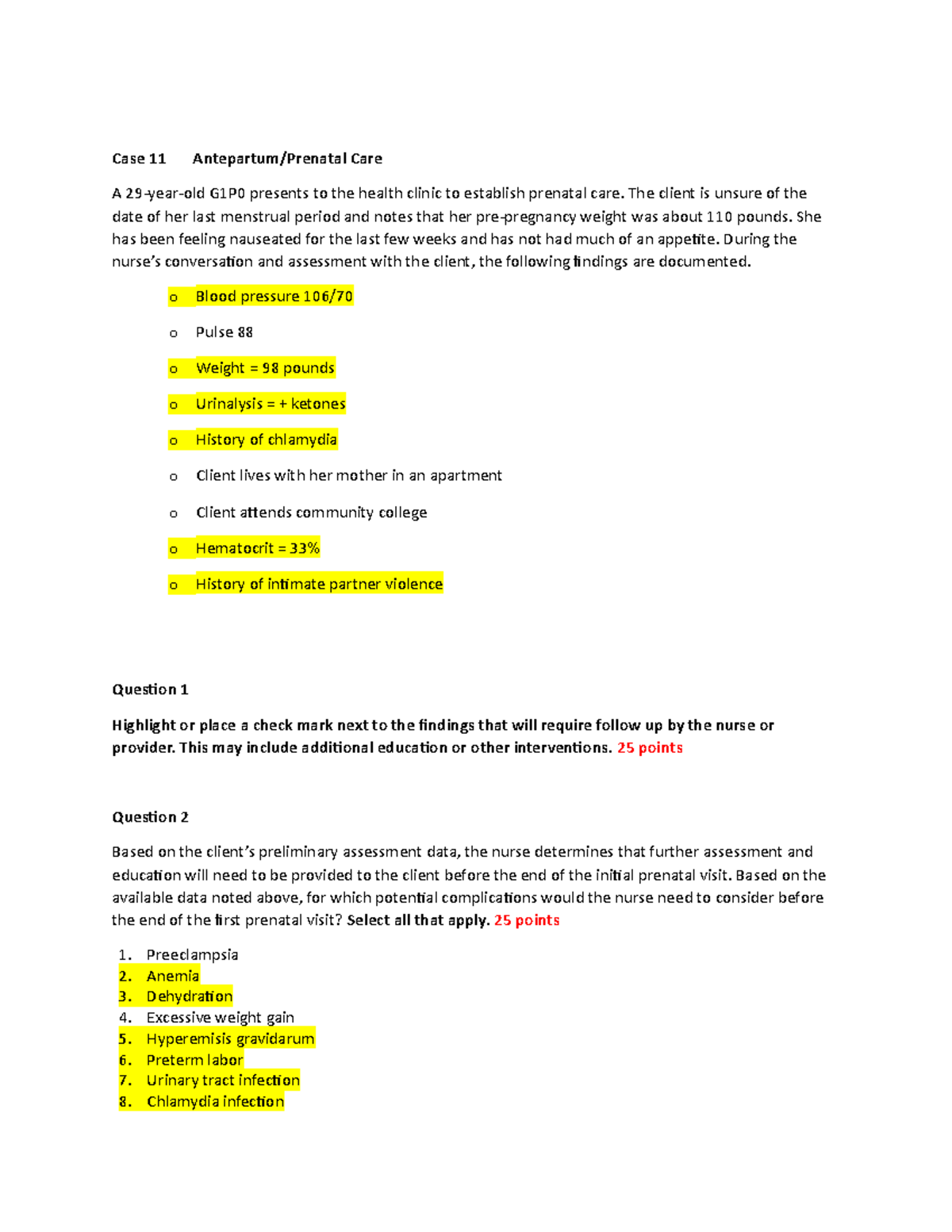 Antepartum Prenatal Care Case Study 1 - Case 11 Antepartum/Prenatal ...
