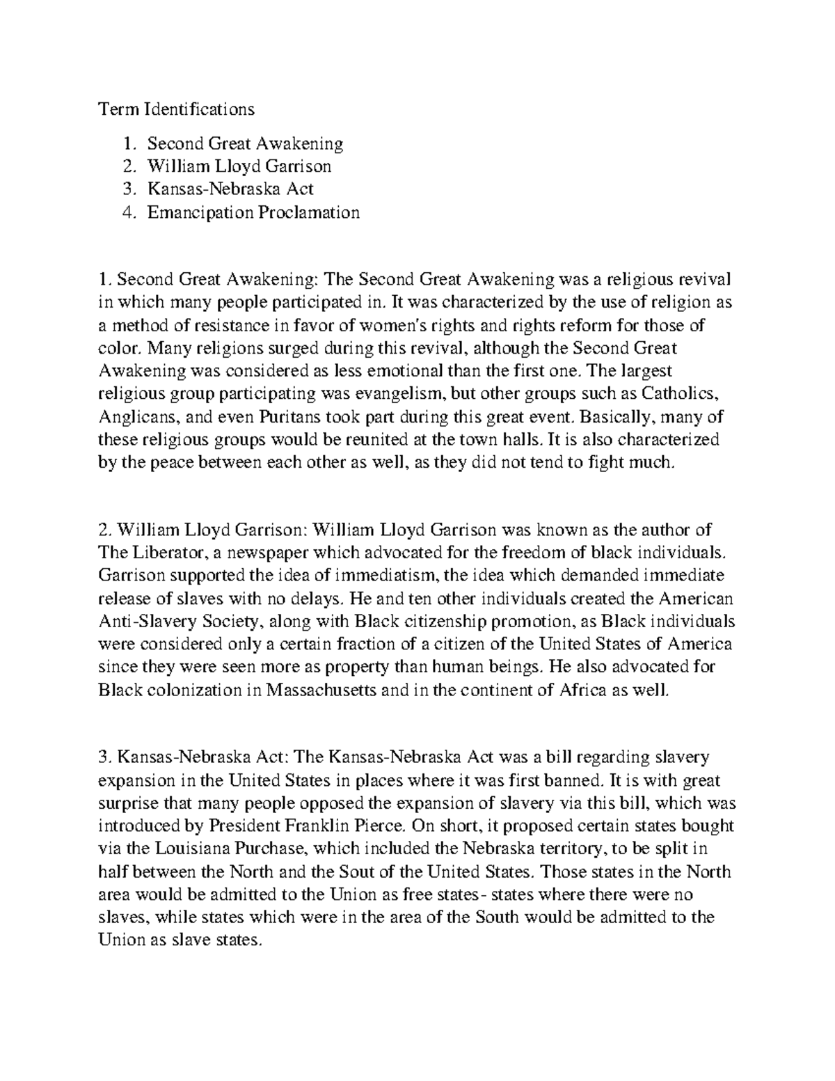 Final Exam Hist to 1865 - Term Identifications Second Great Awakening ...