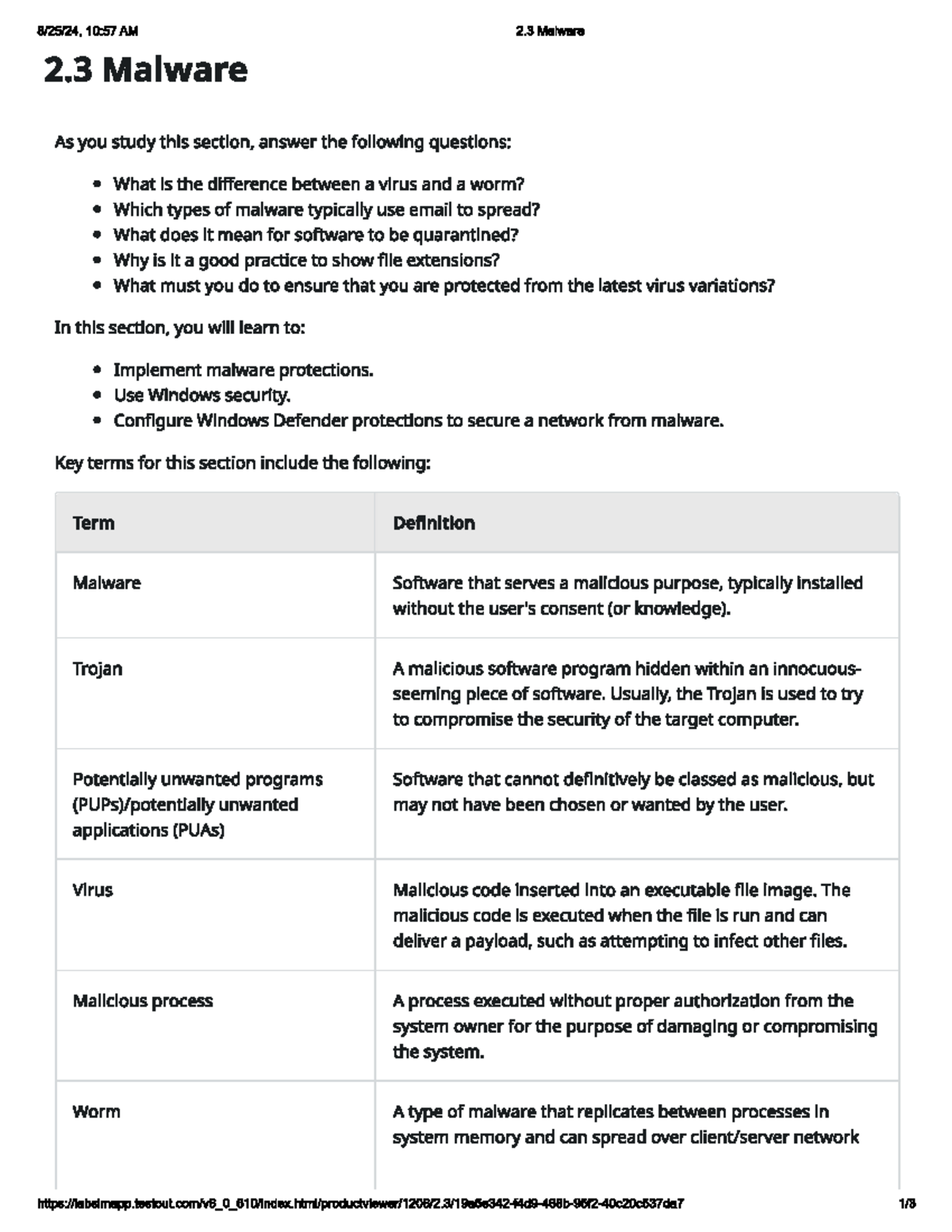 2.3 Malware - 10:57 AM 2 Malware 2 Malware As you study this section, answer the following - Studocu