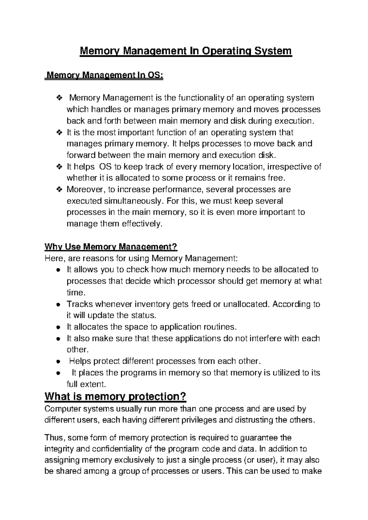 Untitled document - Summary Bs Computer science - Memory Management In ...