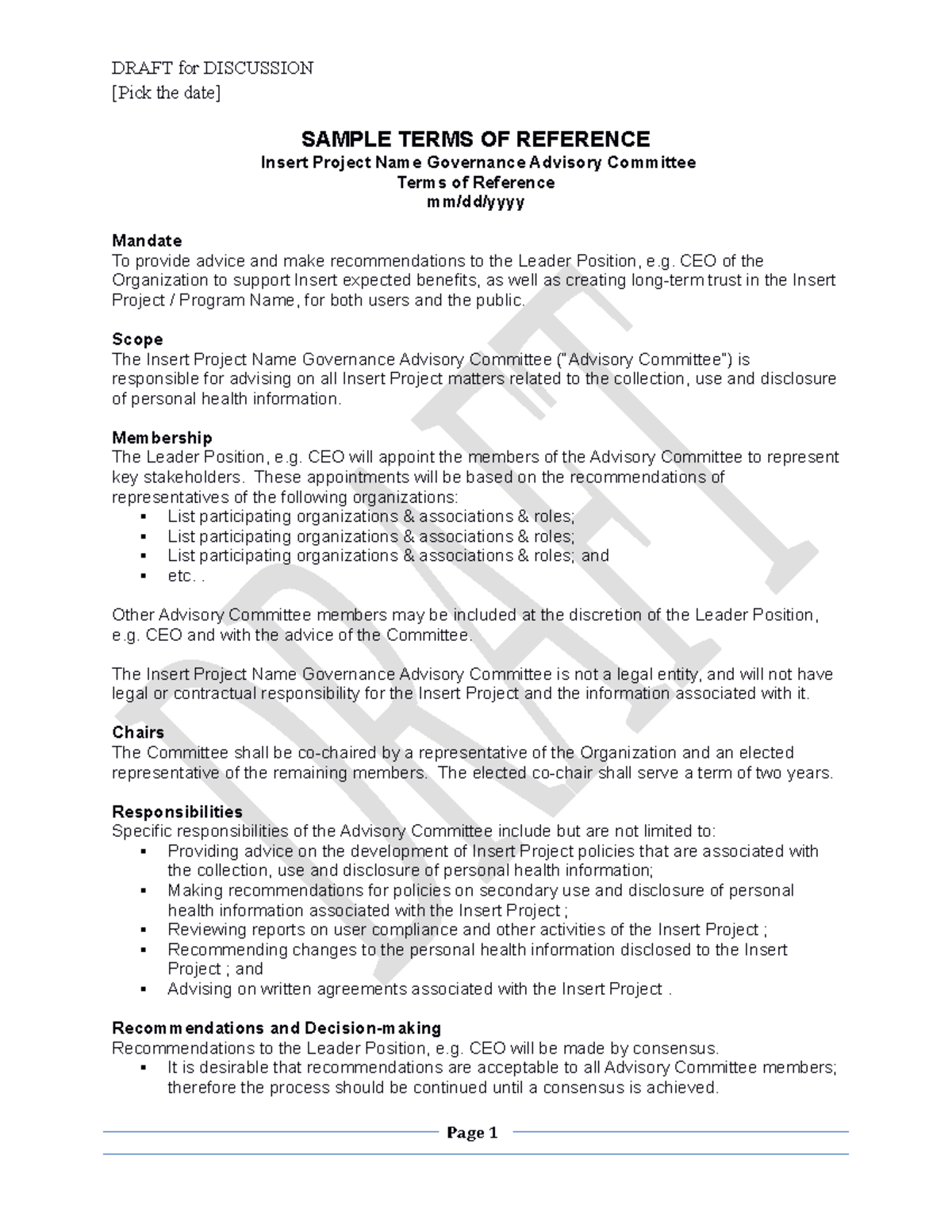 Sample terms of reference - DRAFT for DISCUSSION [Pick the date] SAMPLE ...