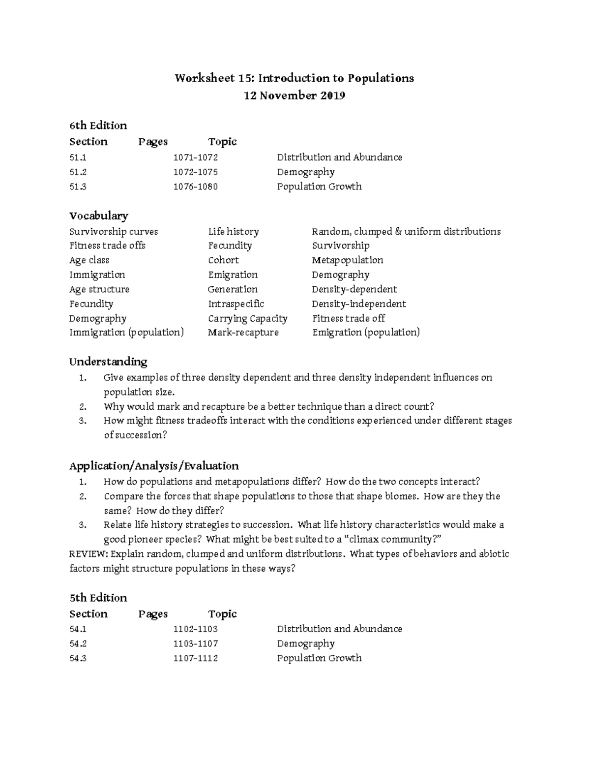 Worksheet 15 - Biology - Worksheet 15: Introduction to Populations 12 ...