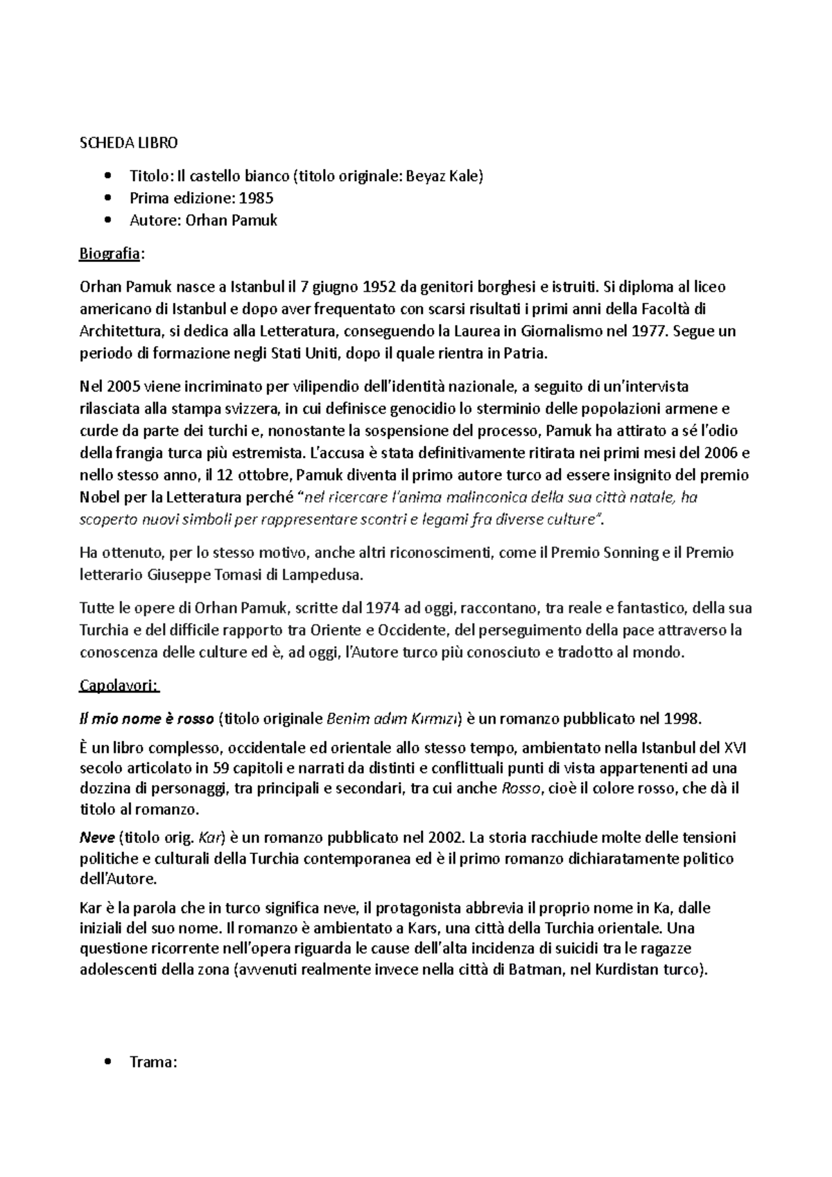 Il castello bianco - scheda libro completa con commento - SCHEDA LIBRO ...