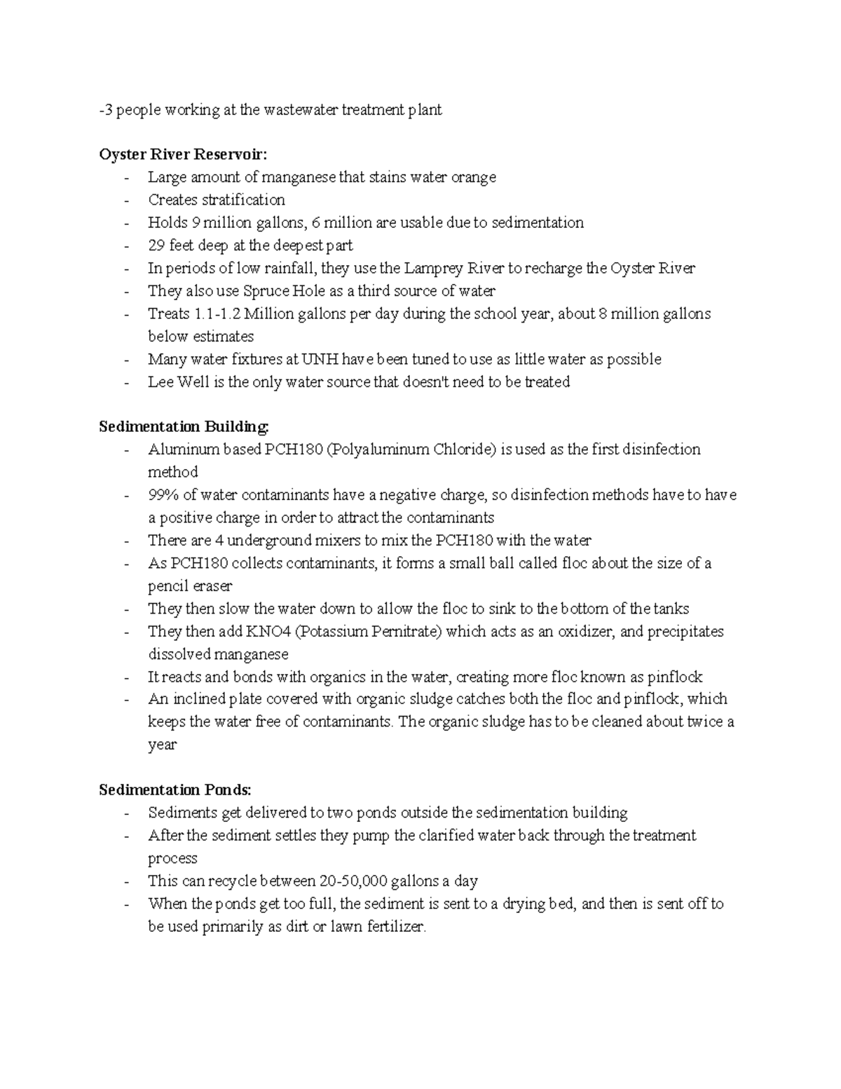 UNH Water Treatment Plant Notes -3 people working at the wastewater ...