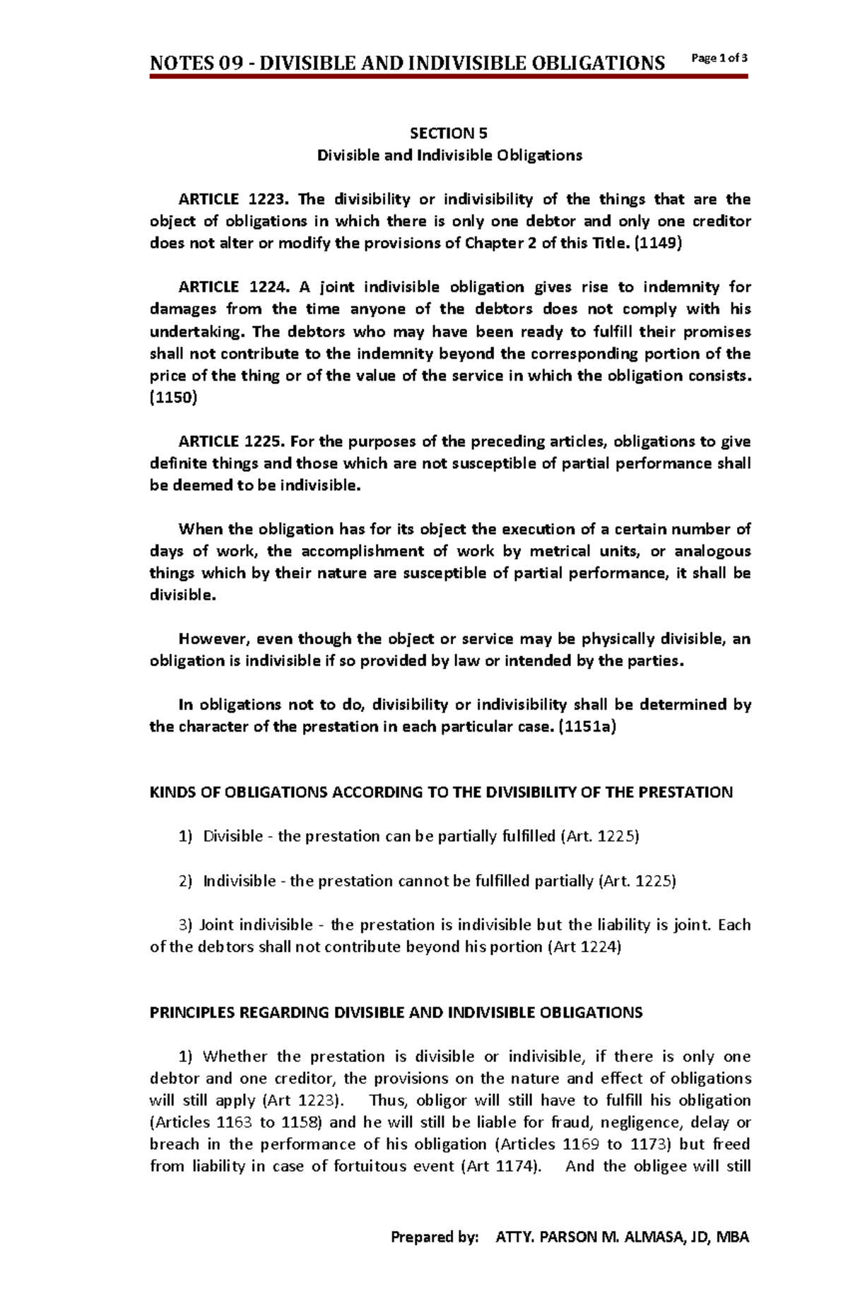 Notes 09 - Divisible AND Indivisible Obligations - NOTES 09 - DIVISIBLE ...