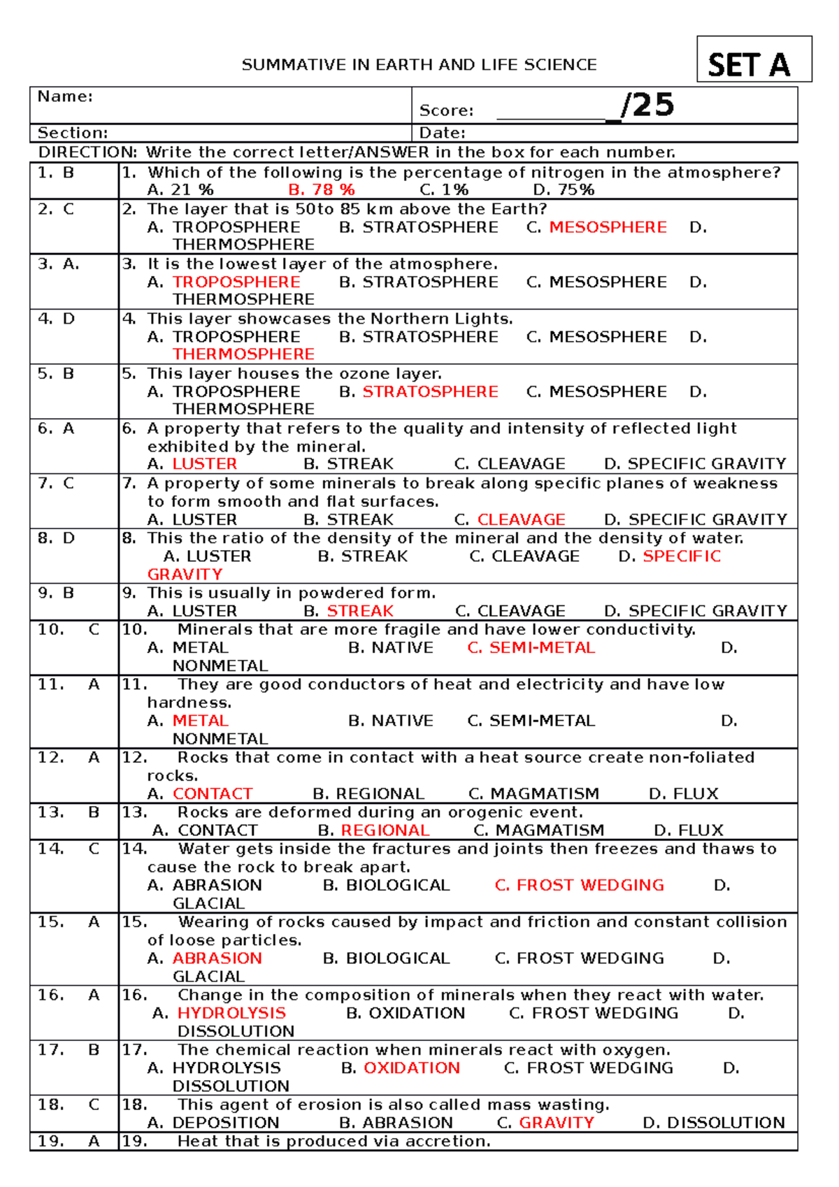 Summative IN Earth AND LIFE Science SET A WITH KEY Answer - SUMMATIVE ...