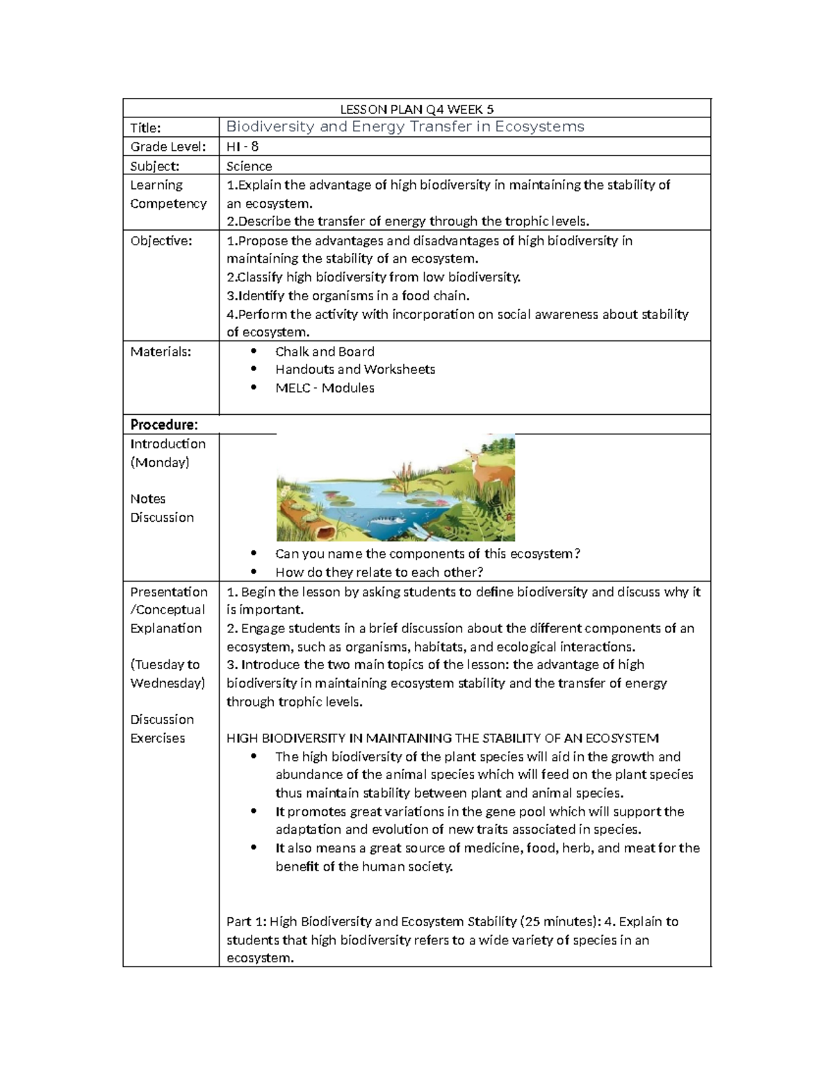Biodiversity g8 - LESSON PLAN - LESSON PLAN Q4 WEEK 5 Title ...