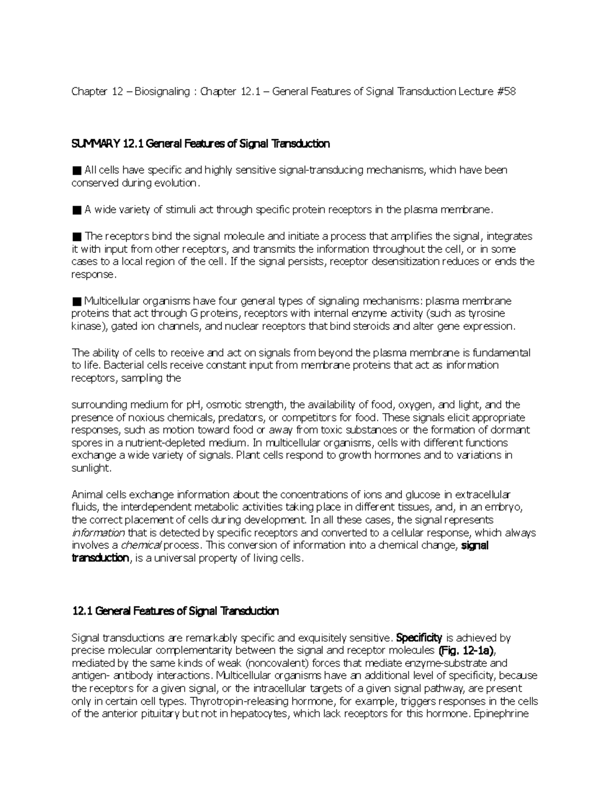 Chapter 12.1 - Bio-signaling : General Features of Signal Transduction ...