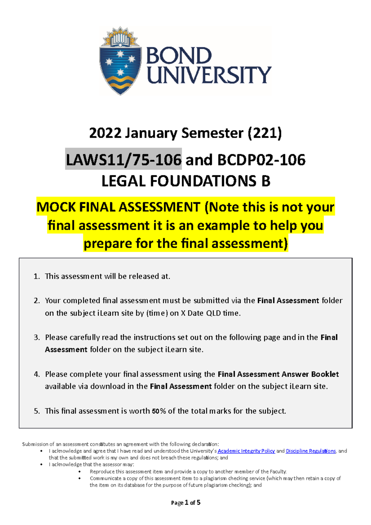 Final Assessment LFB 221 Mock Exam - 2022 January Semester (221) LAWS11 ...