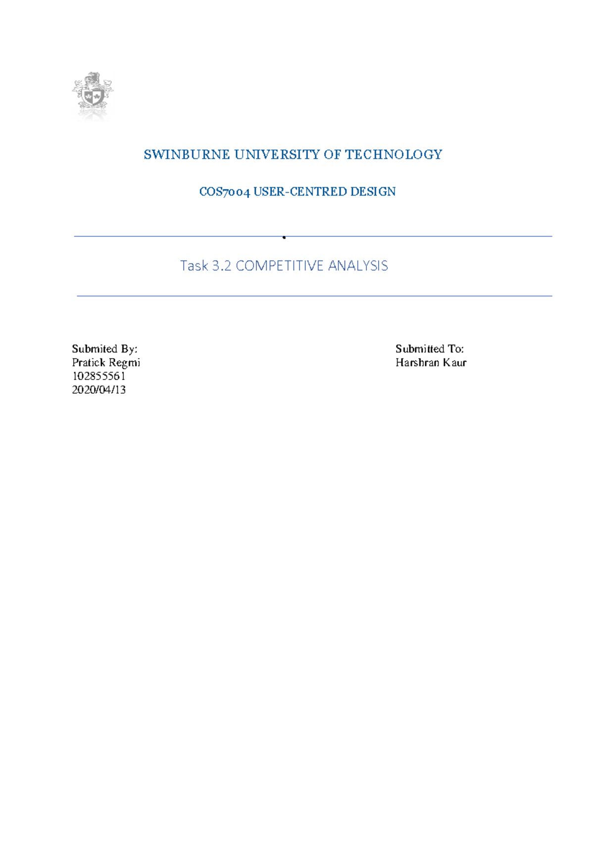 Assignment 3 - UCD 3.2c - Warning: TT: undefined function: 32 SWINBURNE ...