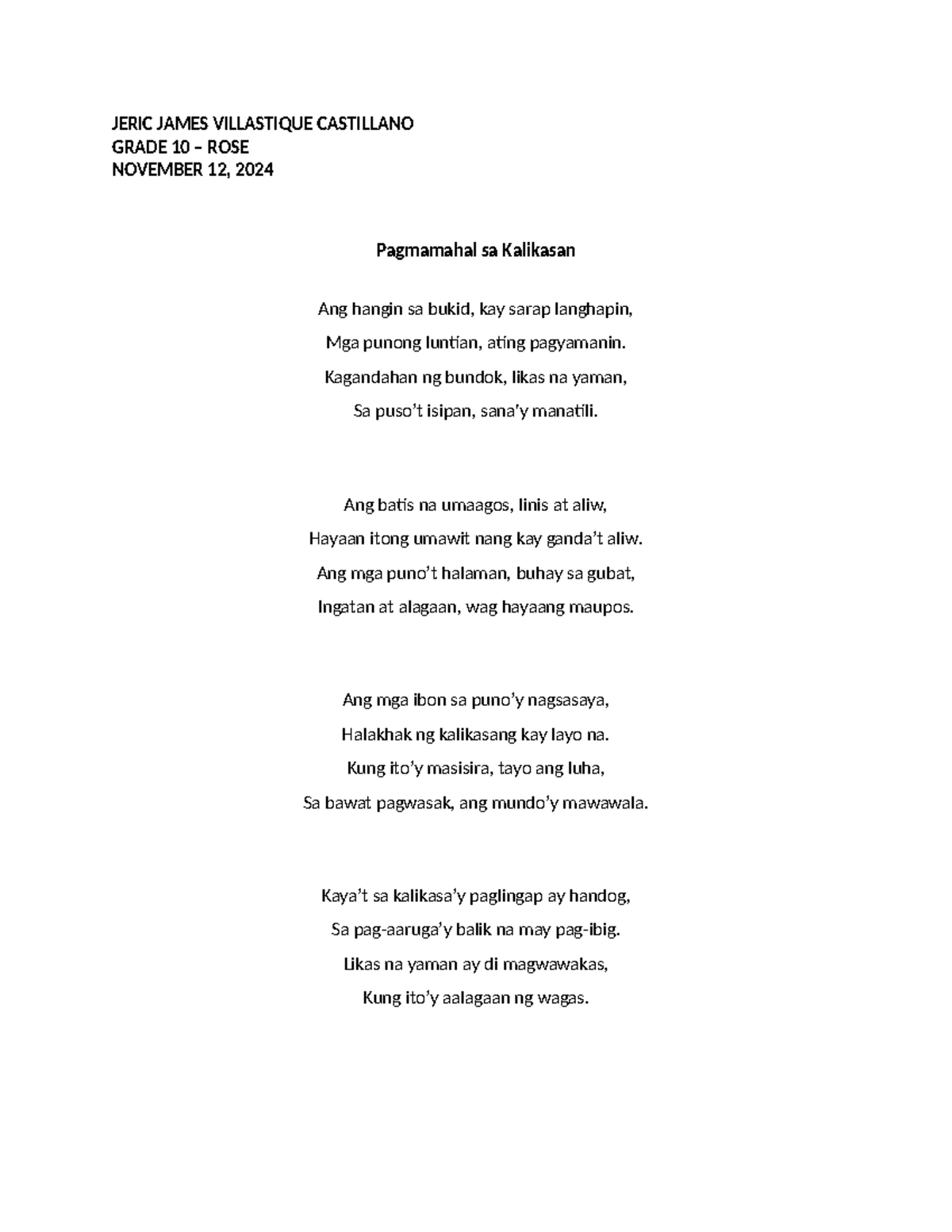Poem for Filipino Subject - JERIC JAMES VILLASTIQUE CASTILLANO GRADE 10 ...