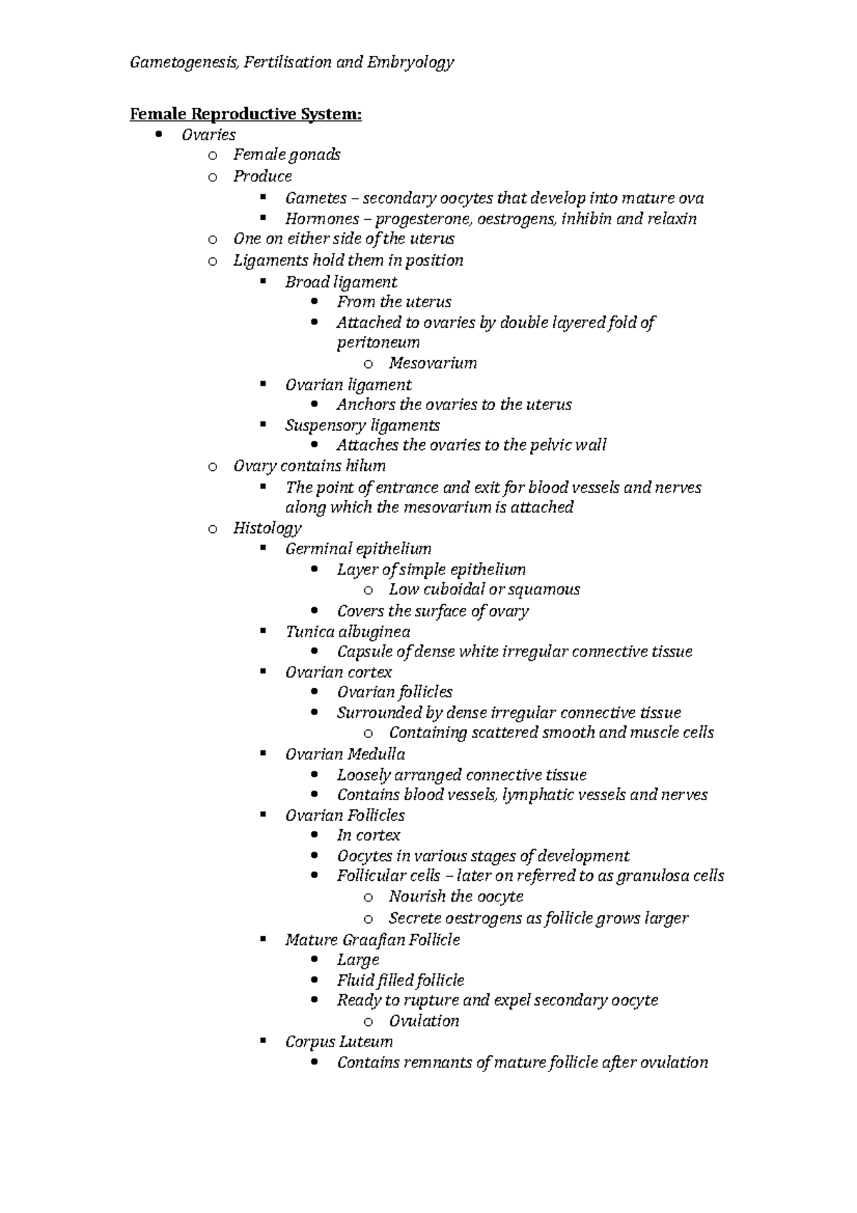 Female Reproductive System Lecture Notes - Gametogenesis, Fertilisation ...