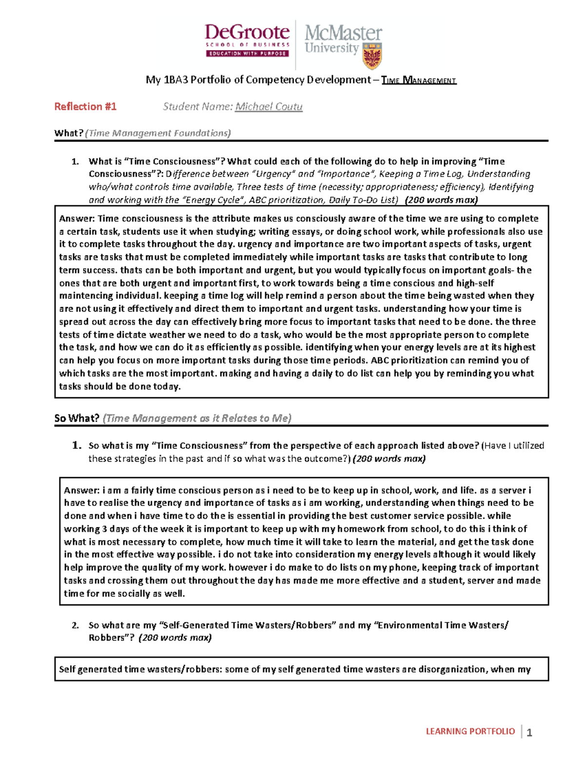 LP Reflection 1 Outline - My 1BA3 Portfolio of Competency Development – TIME MANAGEMENT ...