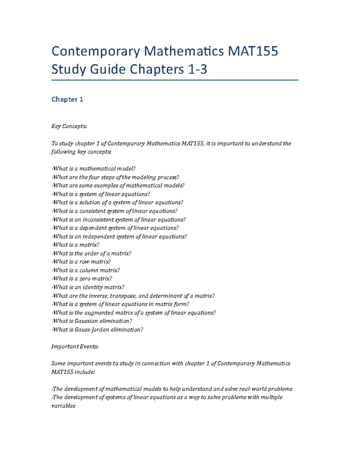 Contemporary Mathematics MAT155 Study Guide Chapters 1-3 - Contemporary ...
