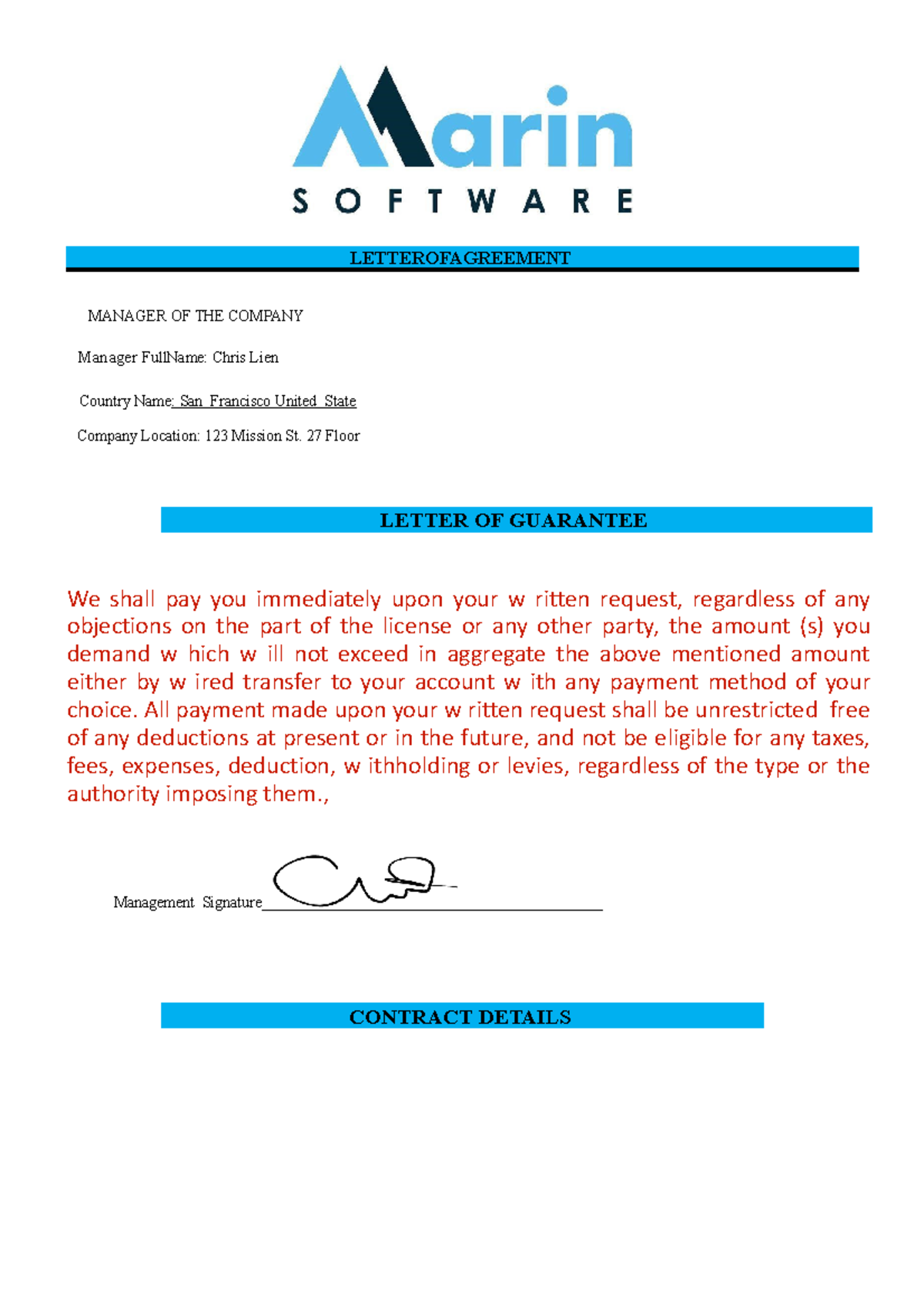 Document - nonr - LETTEROFAGREEMENT MANAGER OF THE COMPANY Manager ...