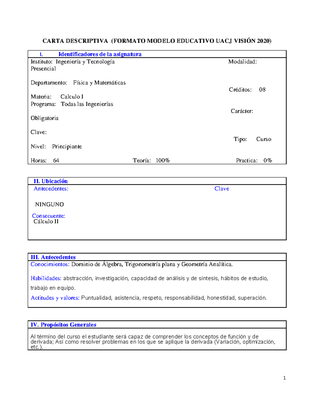 CBE100296 - Calculo I - Carta descriptiva - CARTA DESCRIPTIVA (FORMATO ...