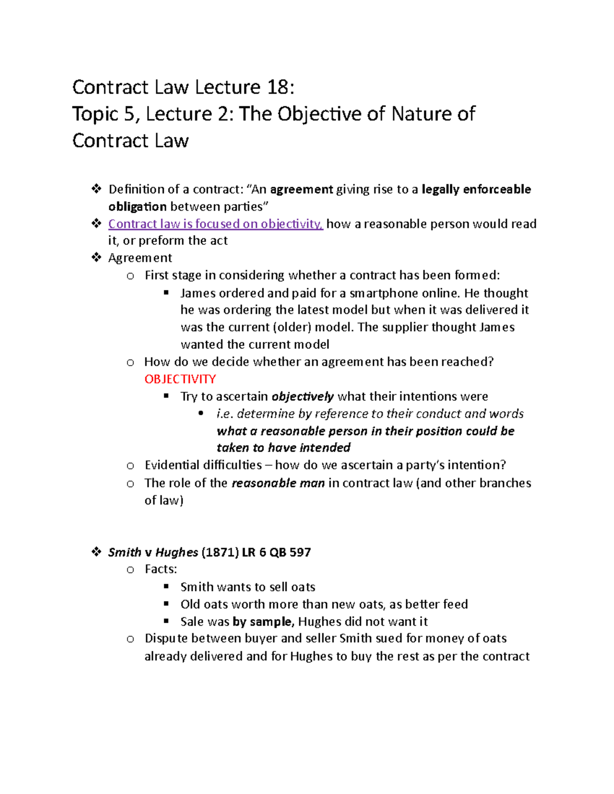 18 - objective nature of contract - Contract Law Lecture 18: Topic 5 ...