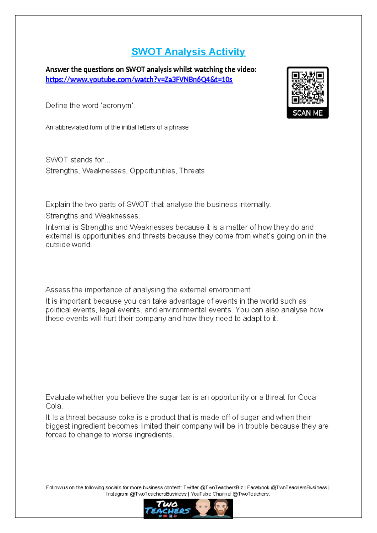 Mket 1 SWOT-analysis - worksheet - SWOT Analysis Activity Answer the ...