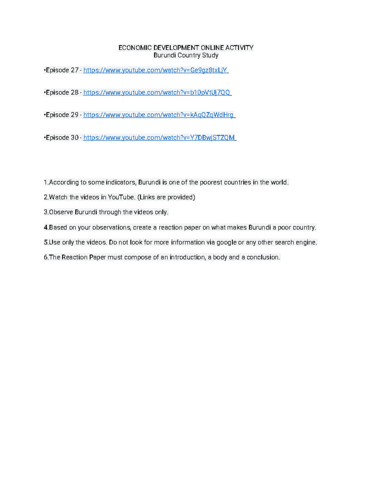 Economic Development Online Activity Burundi Country Case Study ...