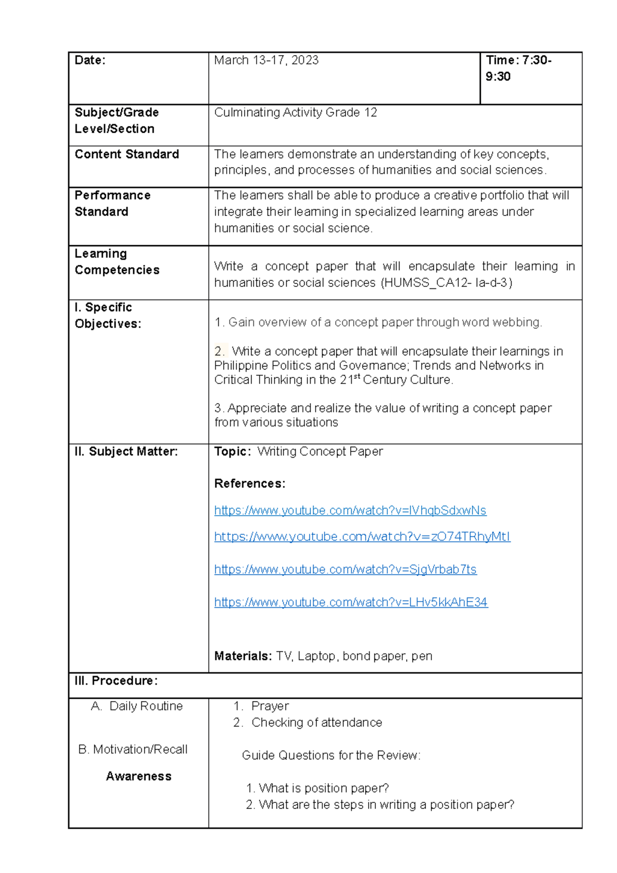 LP Concept Paper Final - A lesson plan for culminating activity - Date ...