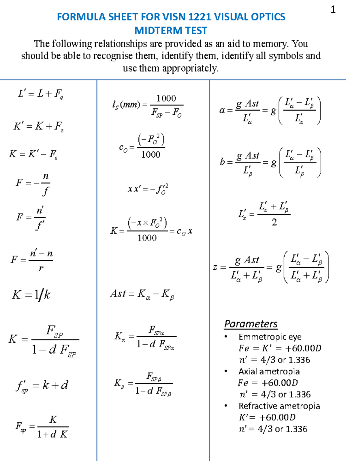 VISN1221 Midterm Test Formula Sheet - FORMULA SHEET FOR VISN 1221 ...
